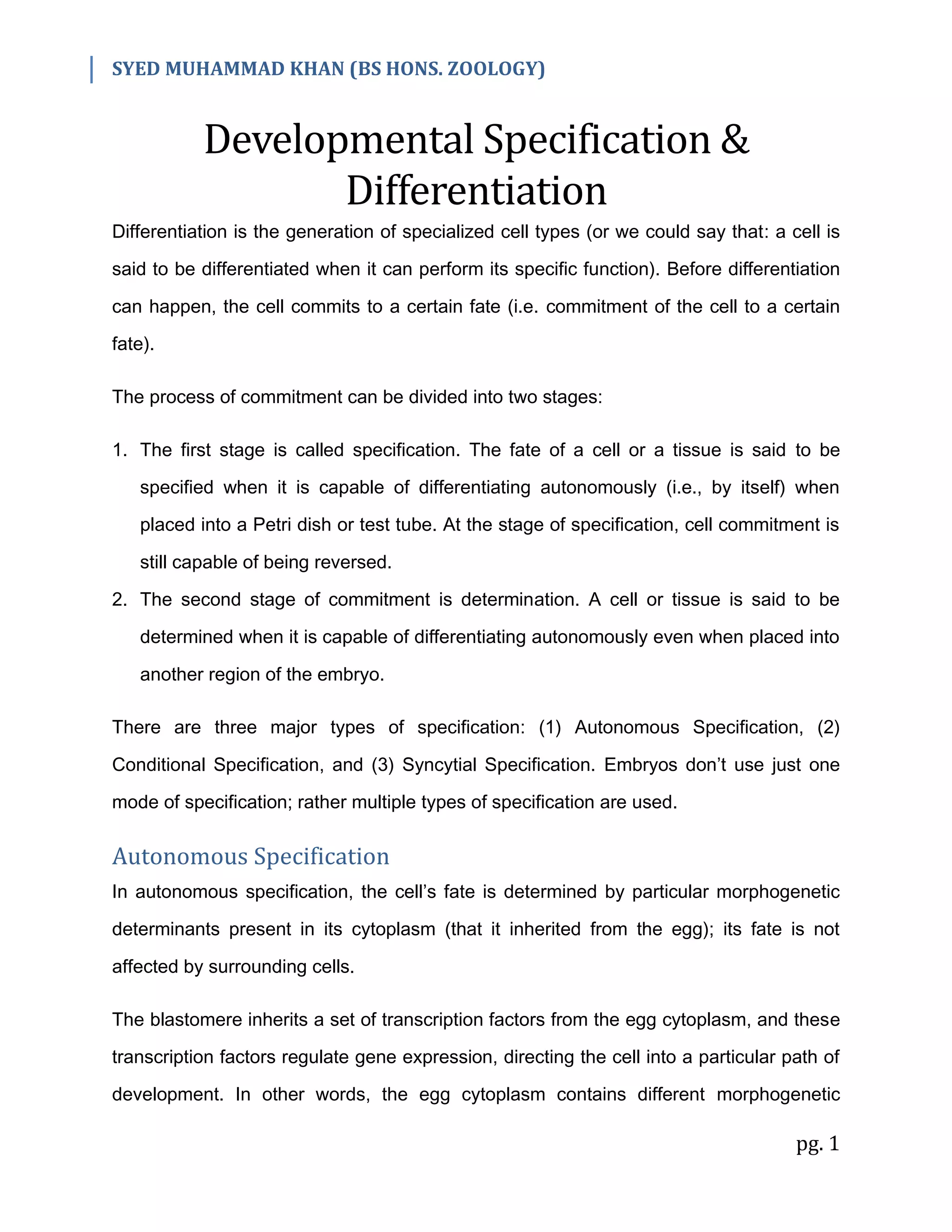 Developmental Specification & Differentiation | PDF