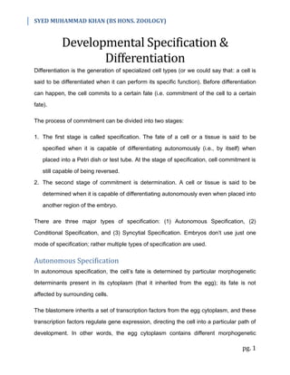 Developmental Specification & Differentiation | PDF