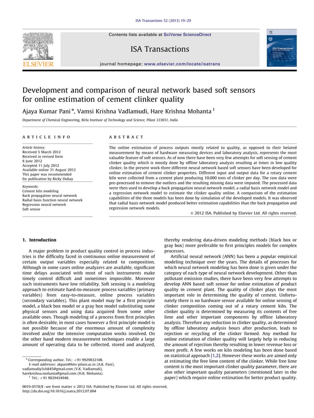 Development and comparison of neural network based soft sensors for online estimation of cement ...