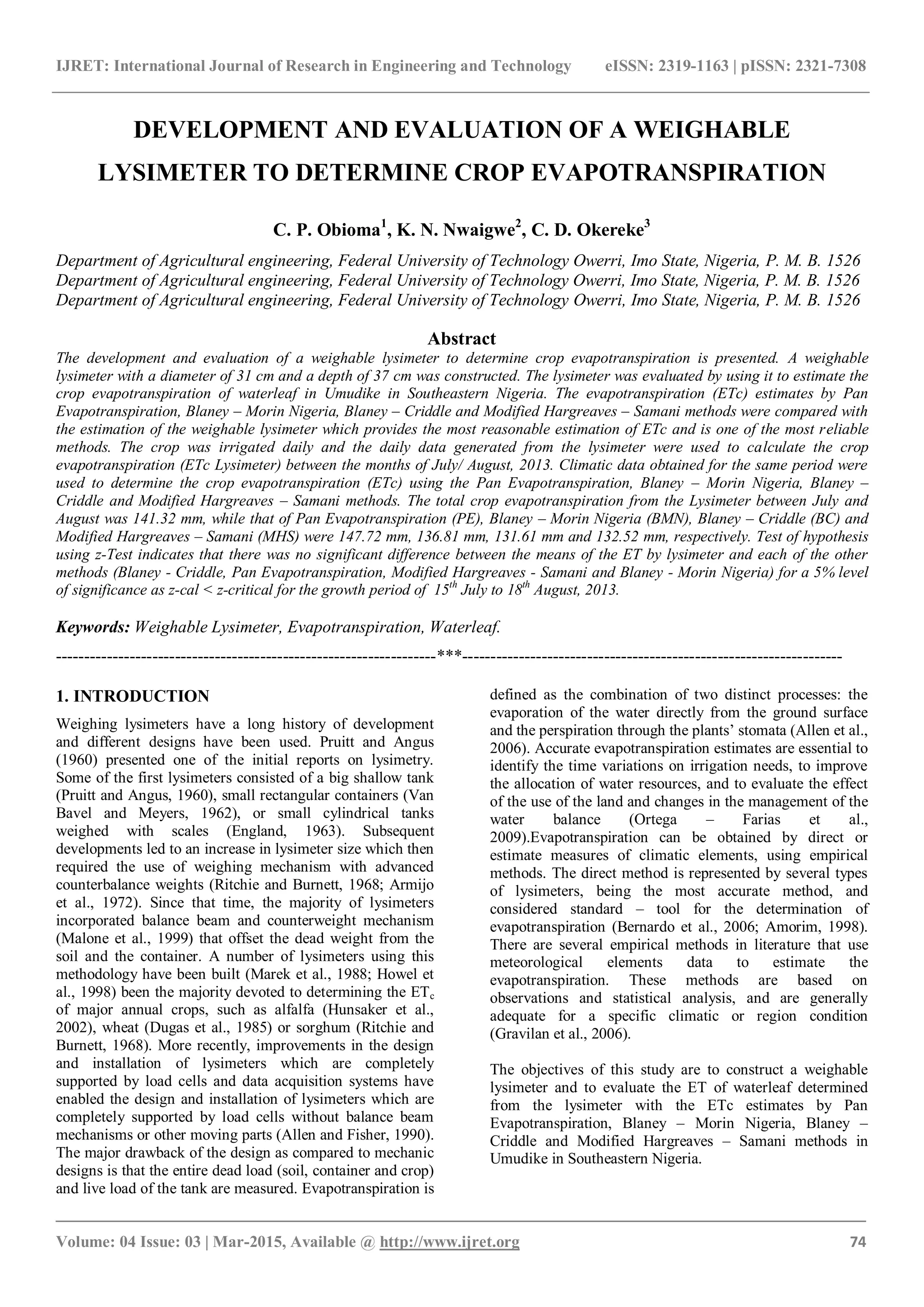 Development and evaluation of a weighable lysimeter to determine crop ...