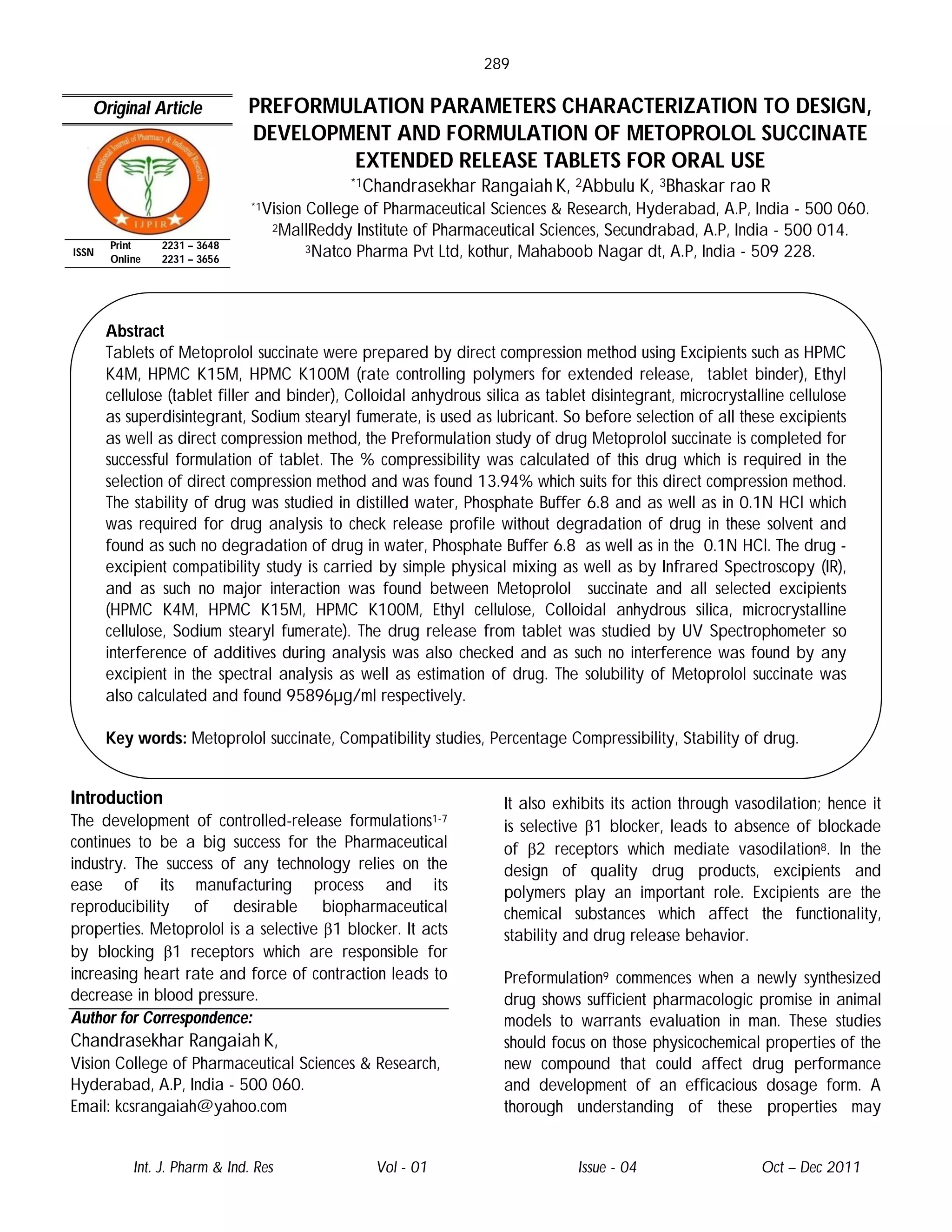 Development and formulation of metoprolol succinate extended release ...