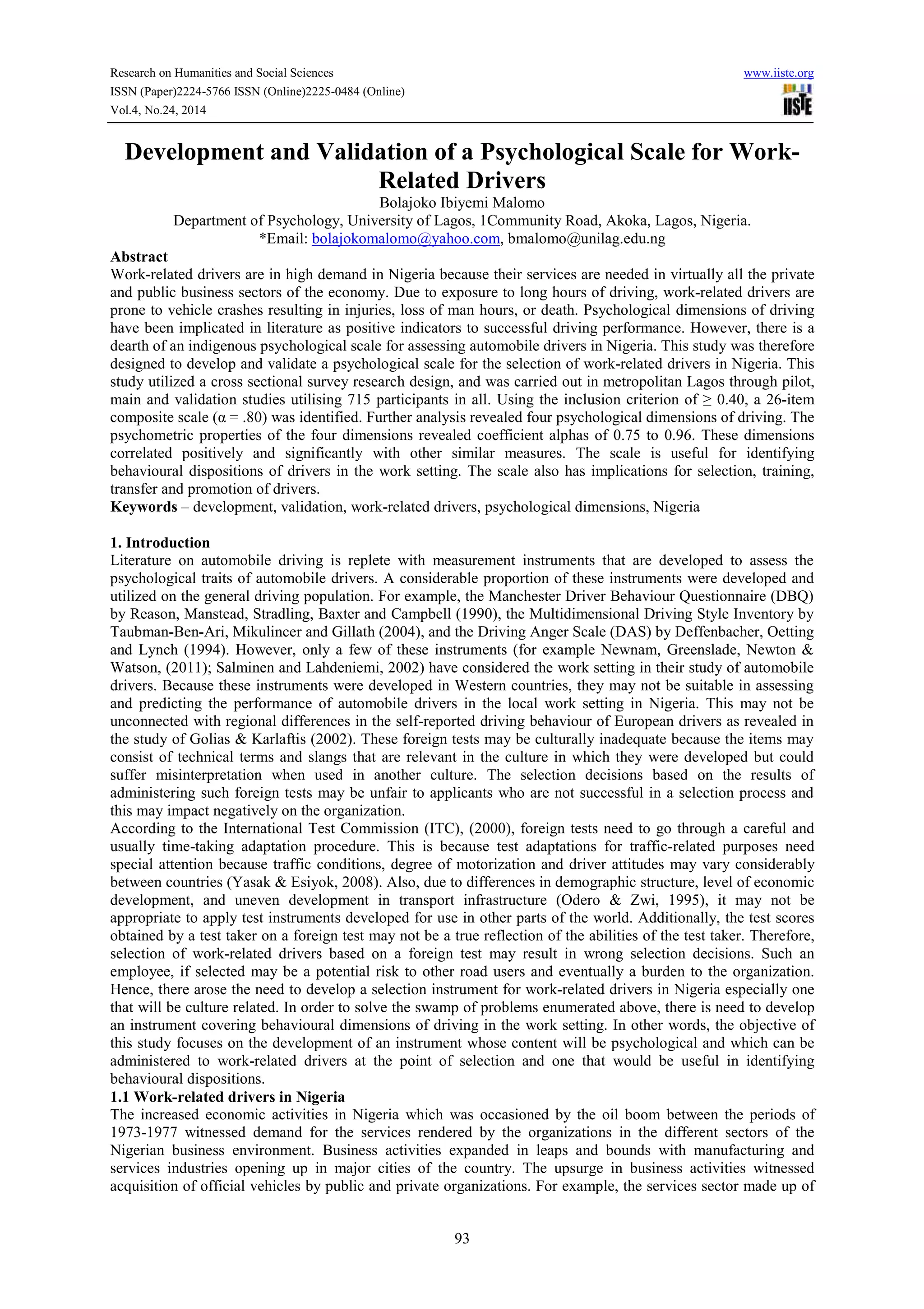 Development and validation of a psychological scale for work related ...