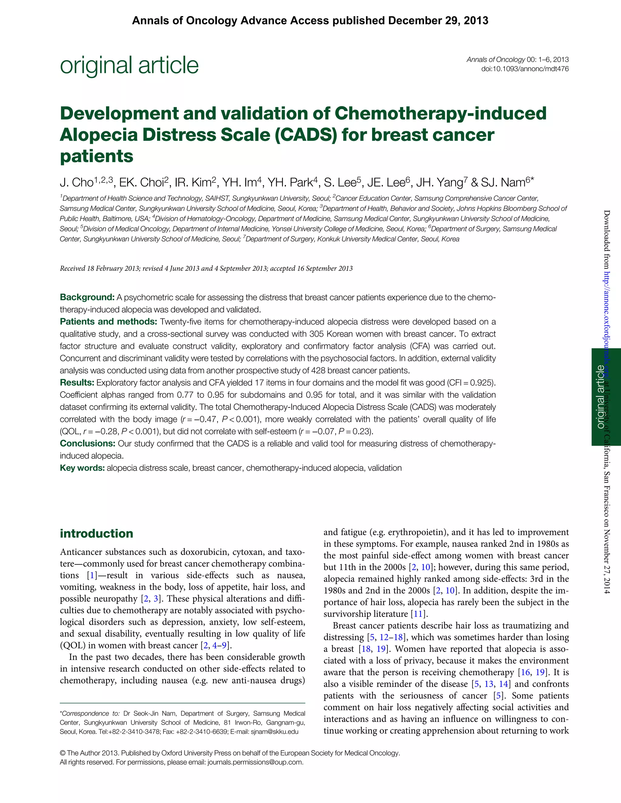 Development and validation of chemotherapy induced alopecia distress scale (cads) | PDF