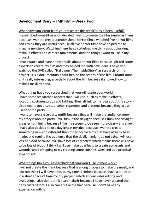 Development diary fmp film week two | PDF