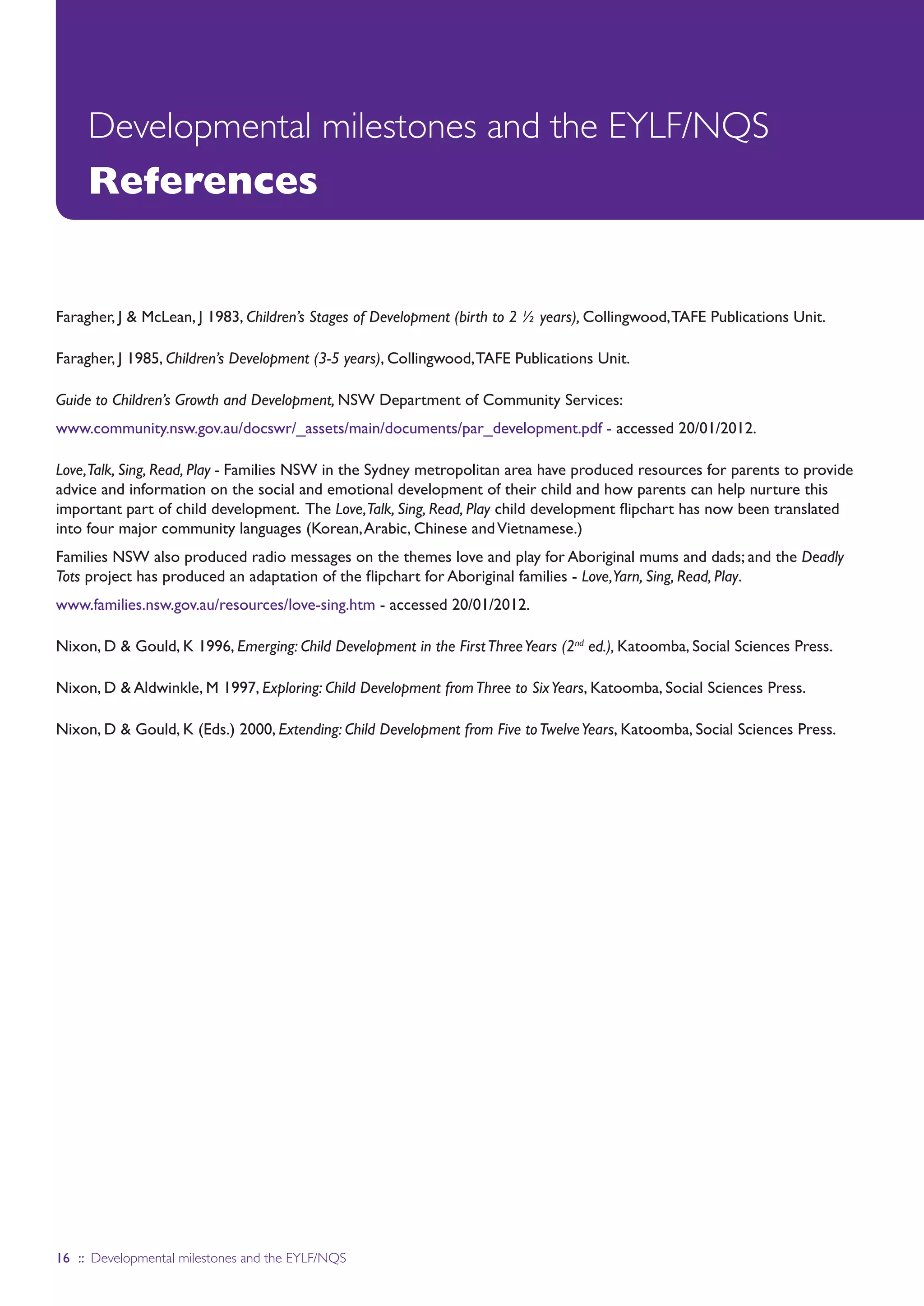 Development milestones and the early years learning framework and the ...