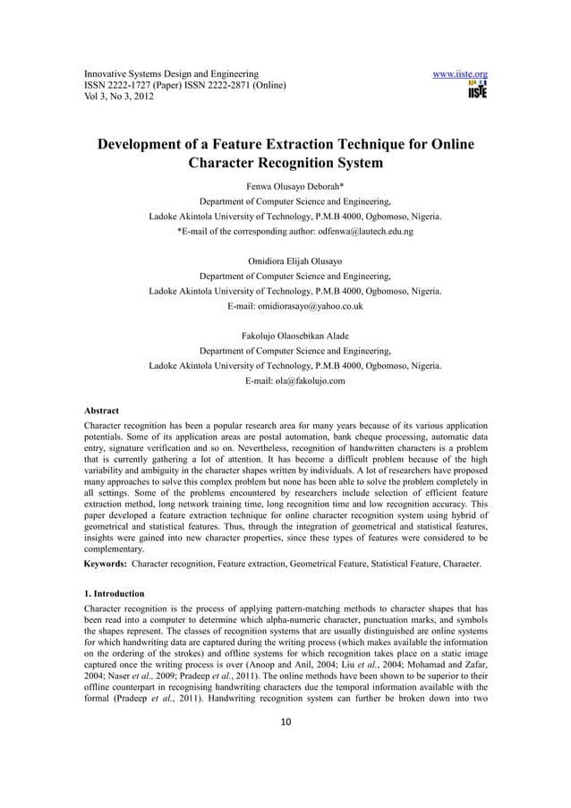 Development of a feature extraction technique for online character recognition system | PDF