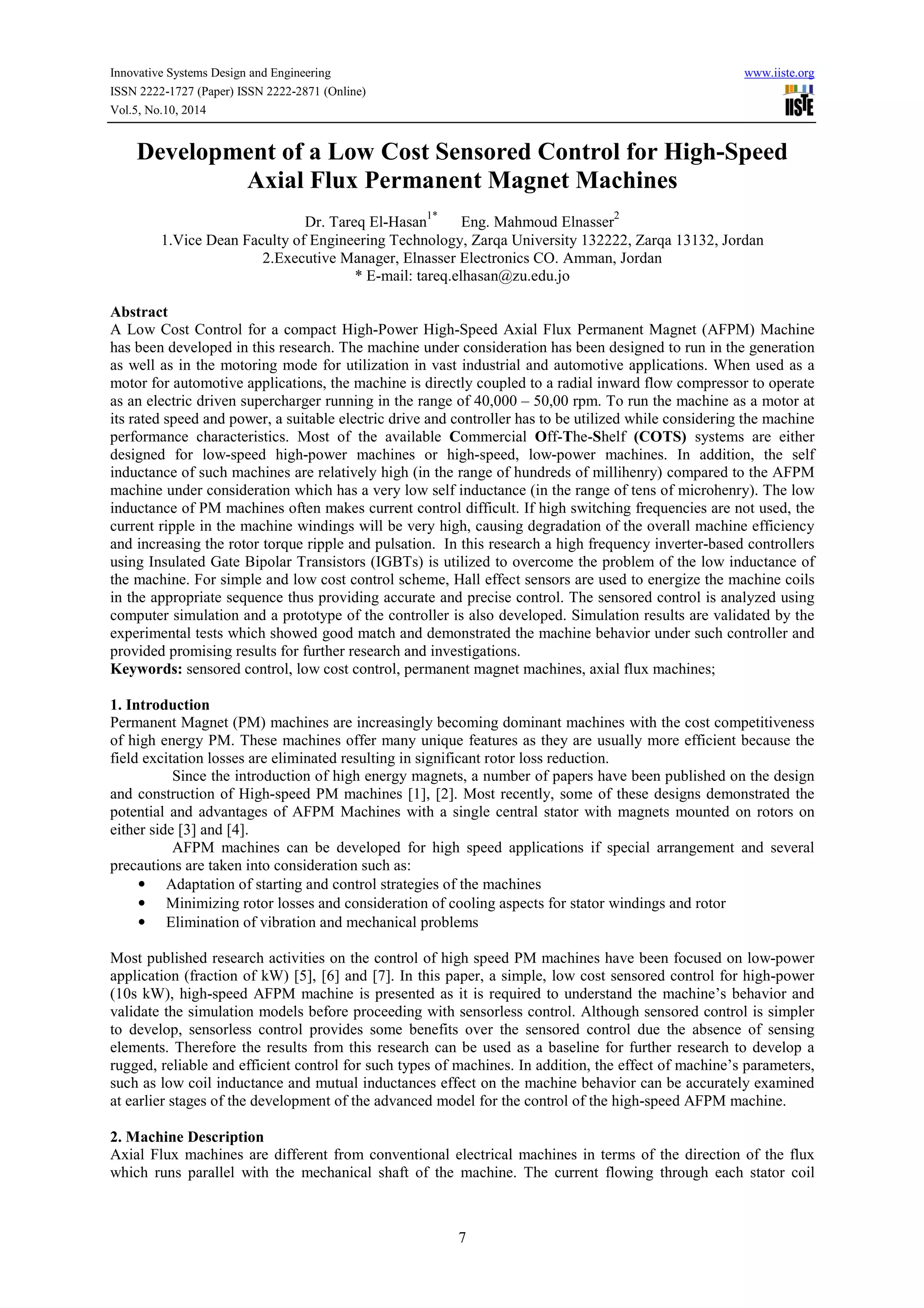 Development of a low cost sensored control for high speed axial flux ...