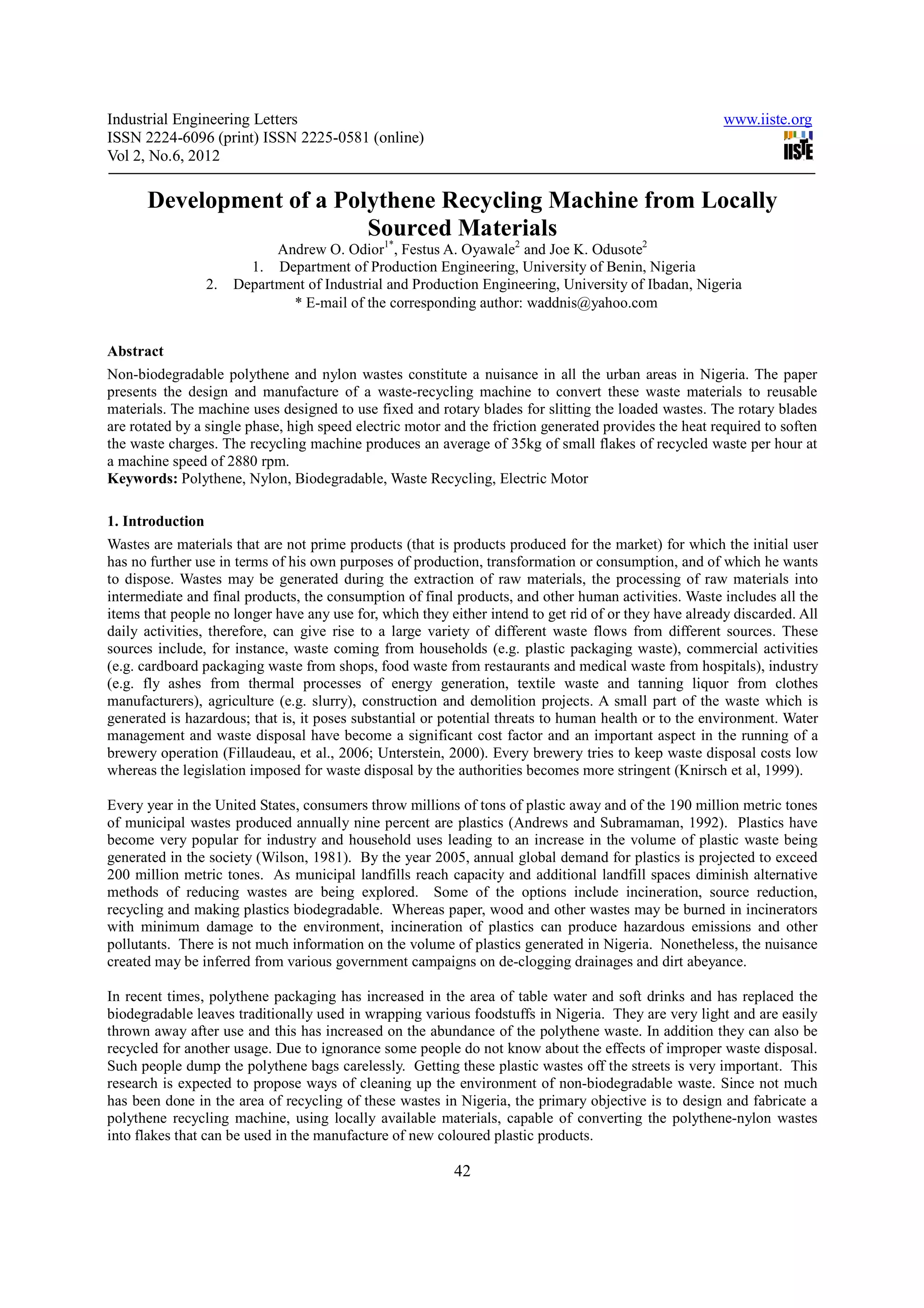 Development of a polythene recycling machine from locally | PDF