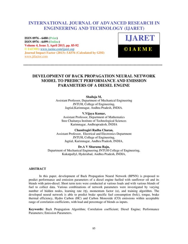 Development of back propagation neural network model to predict performance and emission | PDF
