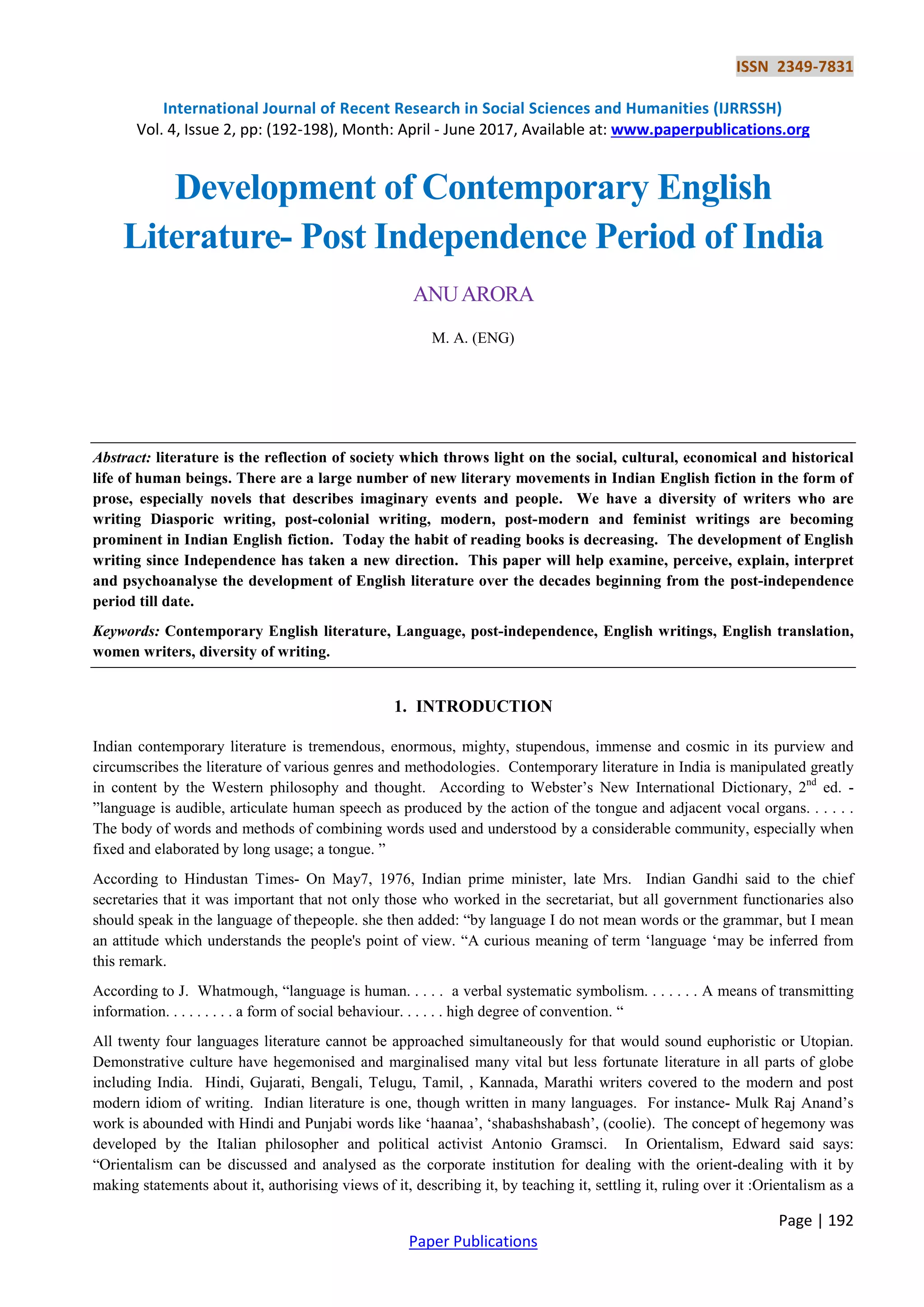 Development of Contemporary English Literature- Post Independence ...