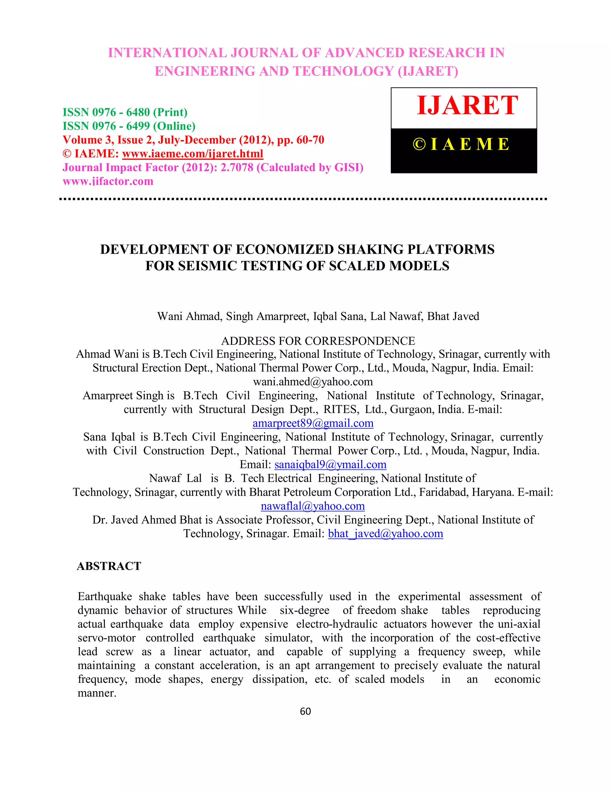 Development of economized shaking platforms for seismic testing of ...