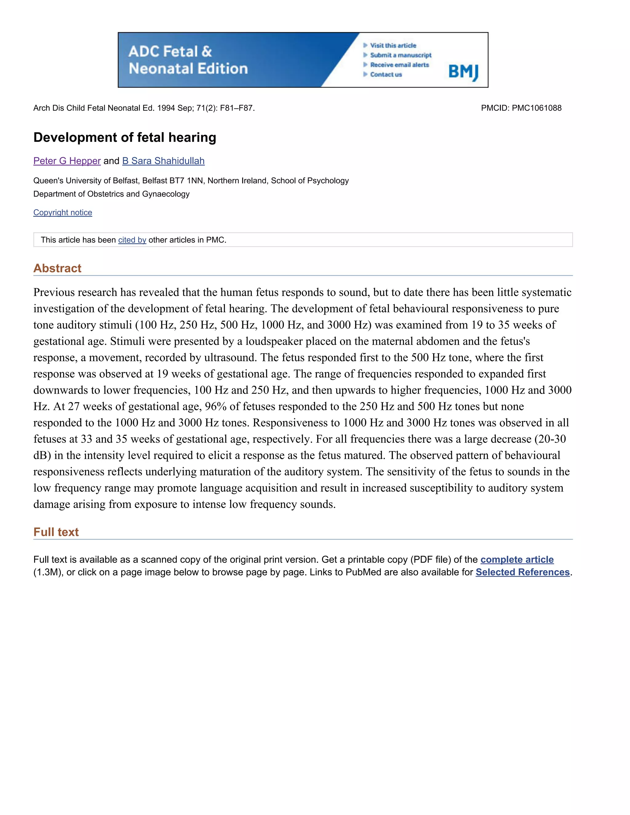 Development of fetal hearing | PDF