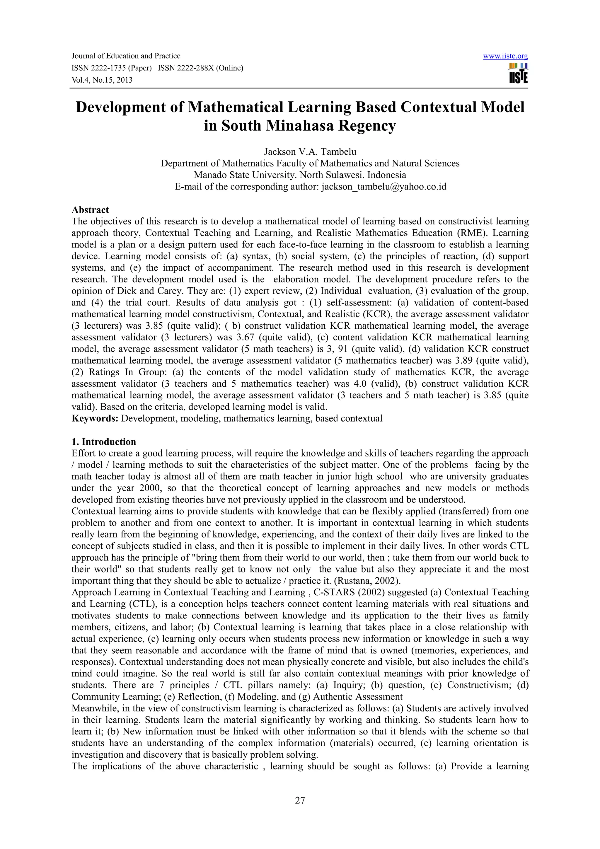 Development of mathematical learning based contextual model in south minahasa regency | PDF