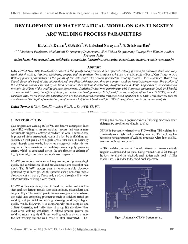 Development Of Mathematical Model On Gas Tungsten Arc Welding Process Parameters Pdf