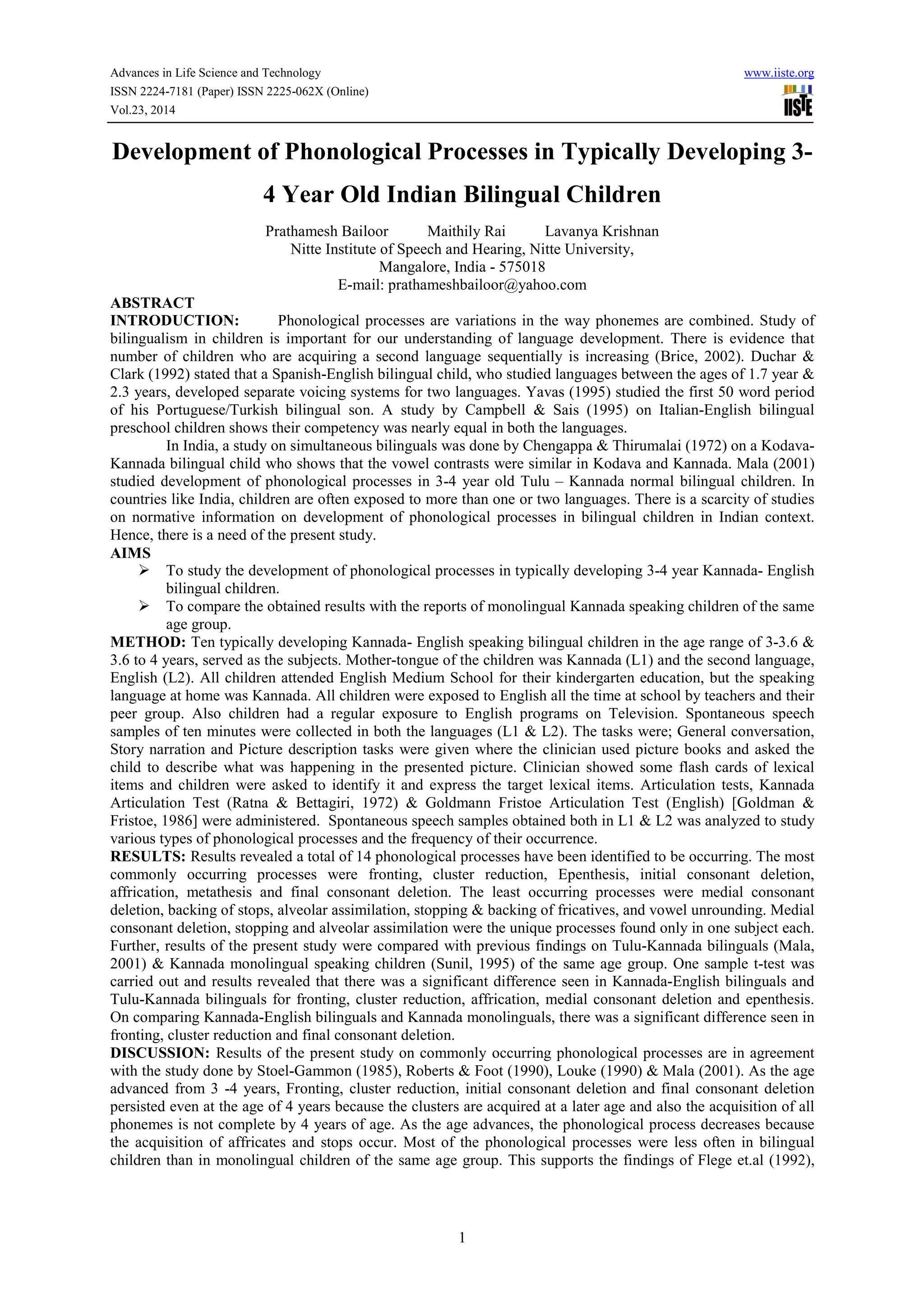 Development of phonological processes in typically | PDF