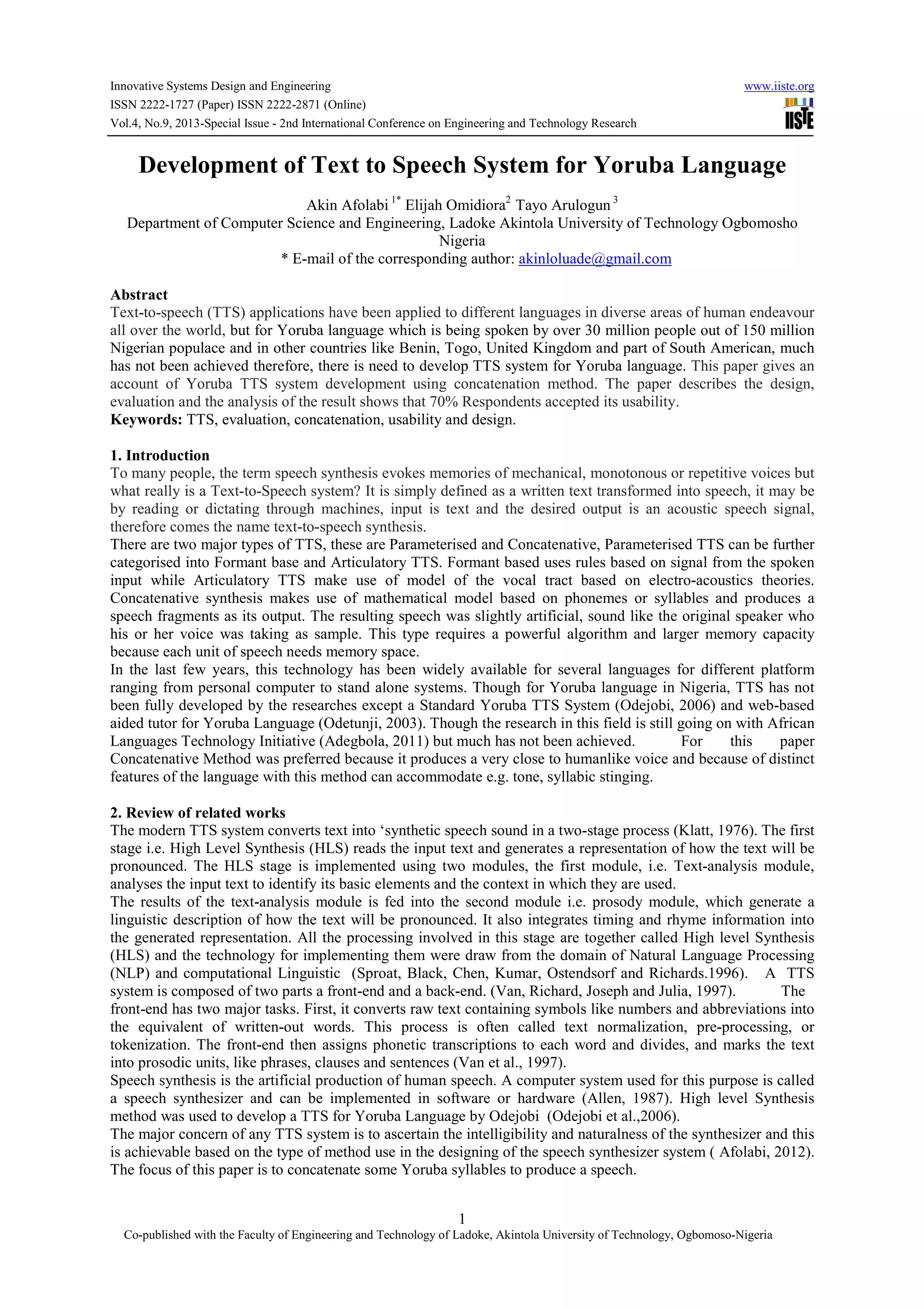 Development of text to speech system for yoruba language | PDF