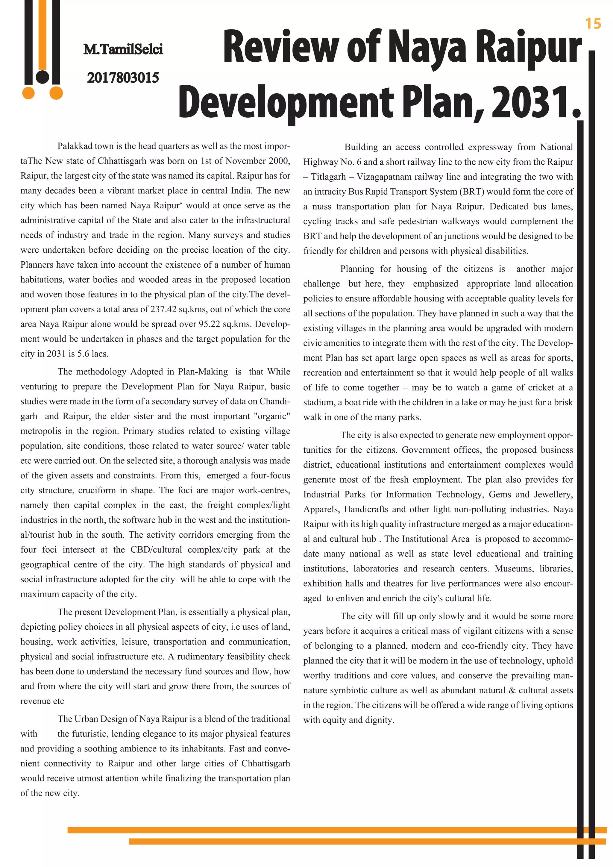 Review of Development Plans/ Master Plans of selected cities of India ...