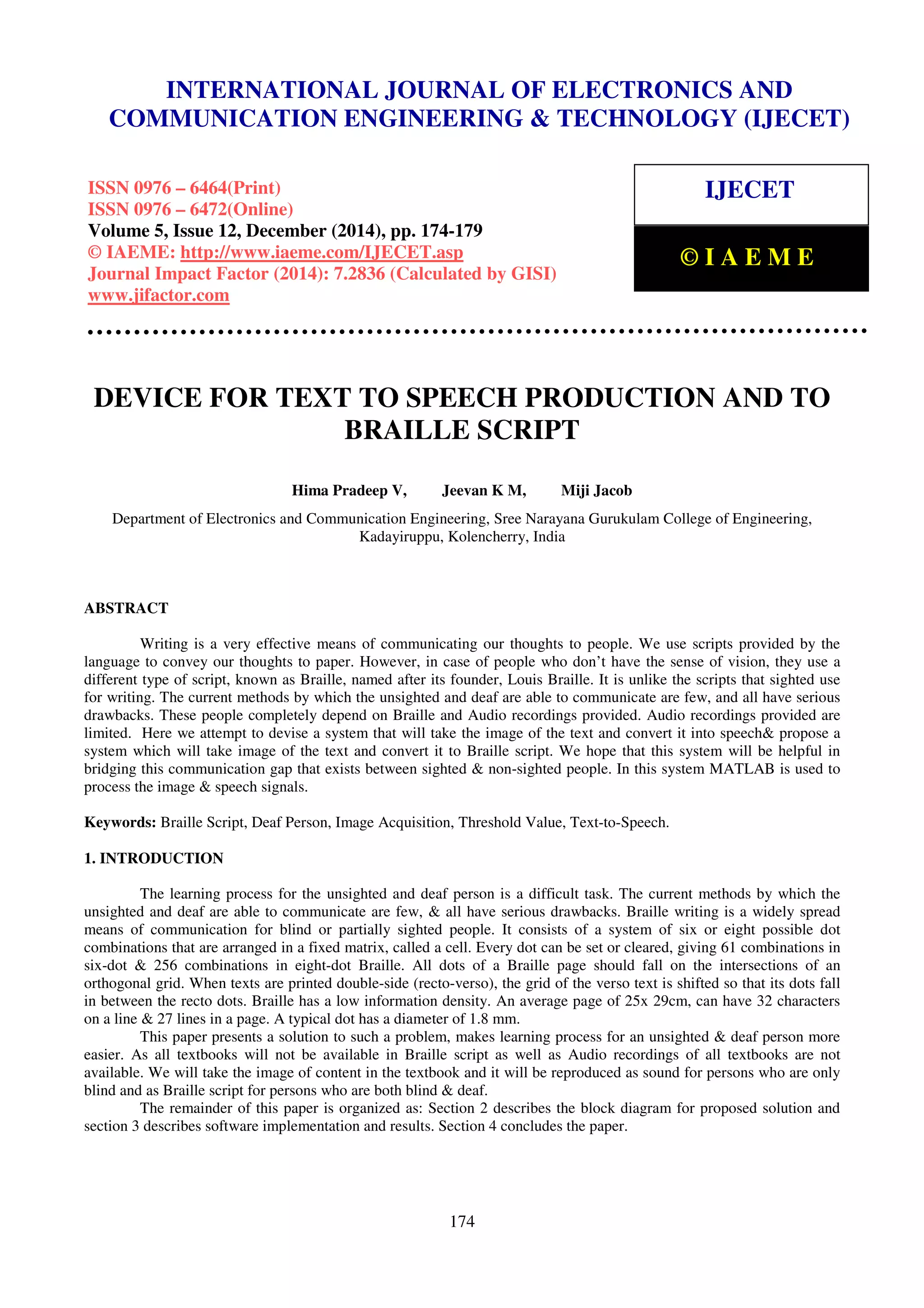 Device for text to speech production and to braille script | PDF