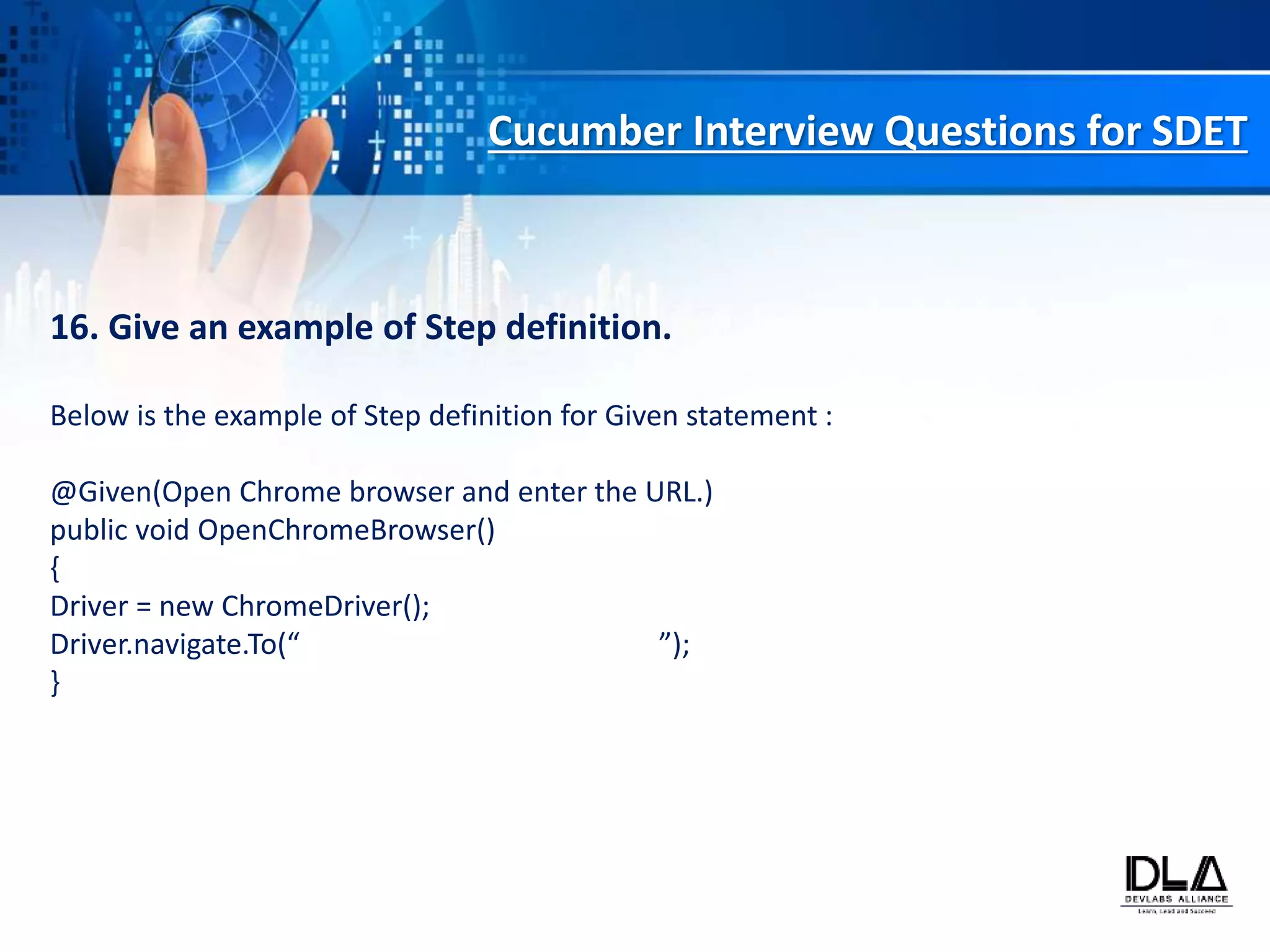 Top 20 cucumber interview questions for sdet | PPT