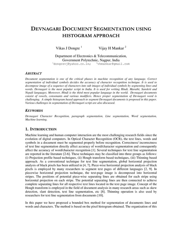 Devnagari Document Segmentation Using Histogram Approach Pdf