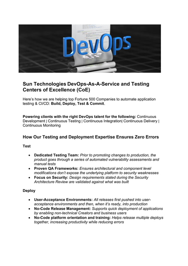 Sun Technologies DevOps-As-A-Service and Testing Centers of Excellence ...
