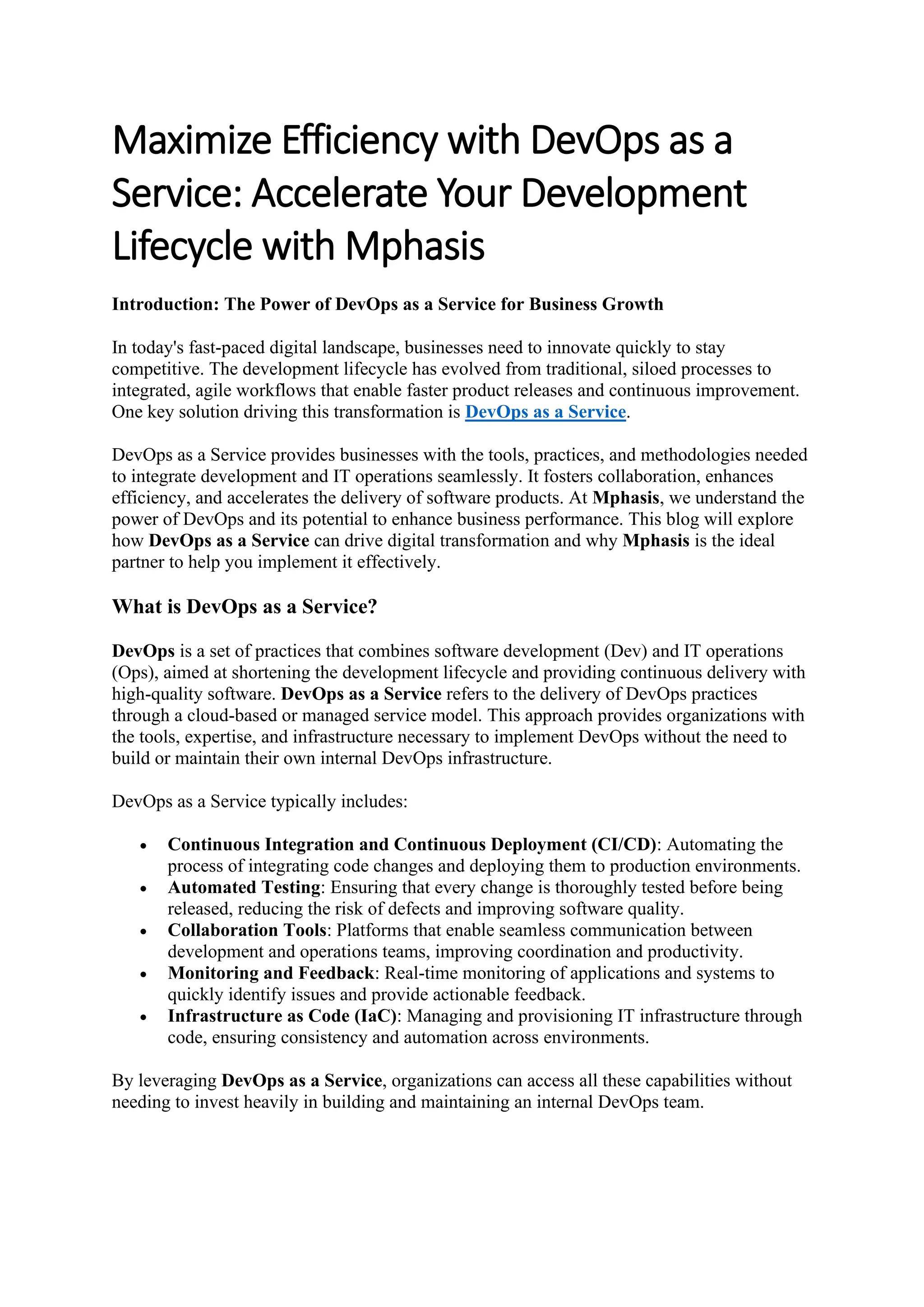 Maximize Efficiency with DevOps as a Service: Accelerate Your Development Lifecycle with Mphasis ...