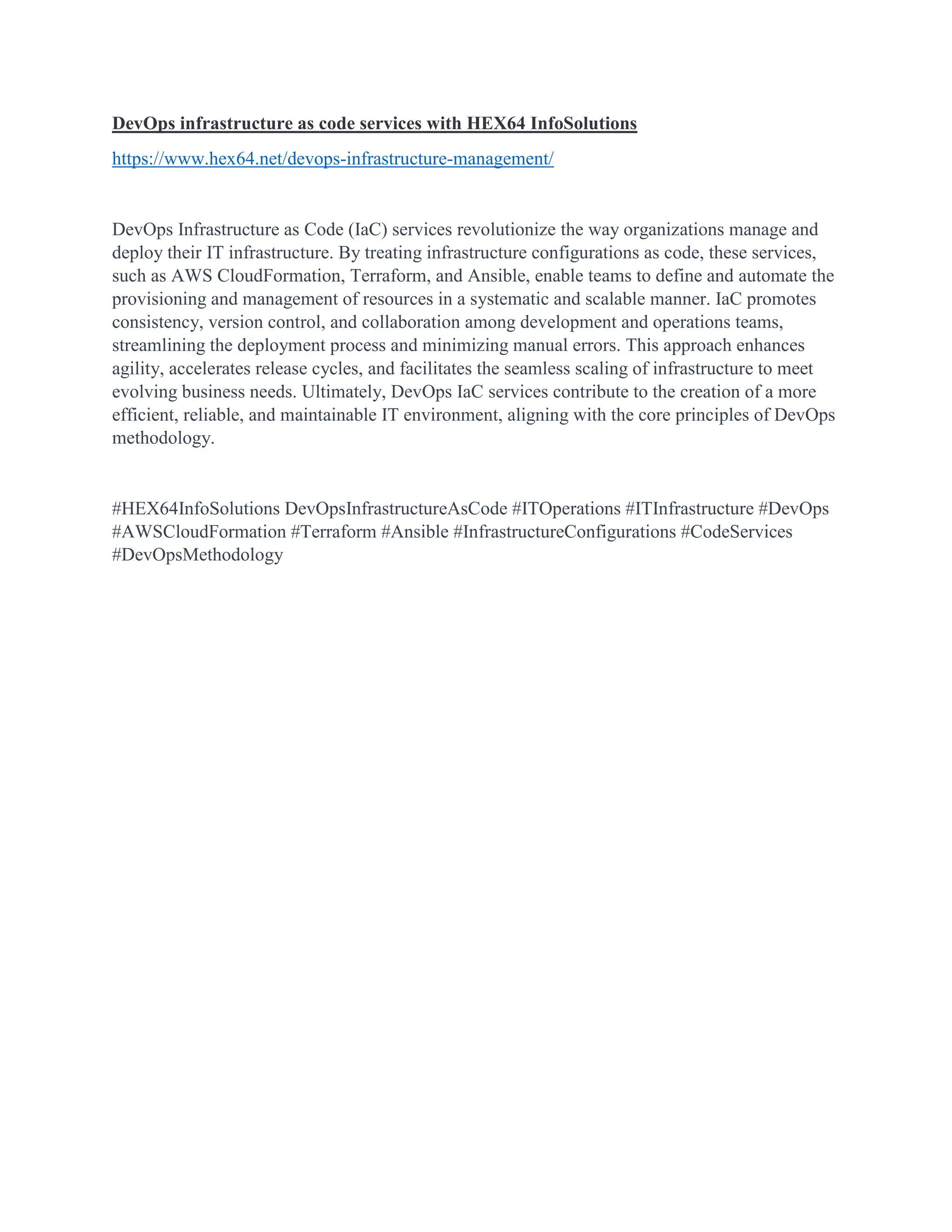 DevOps infrastructure as code services with HEX64 InfoSolutions | PDF