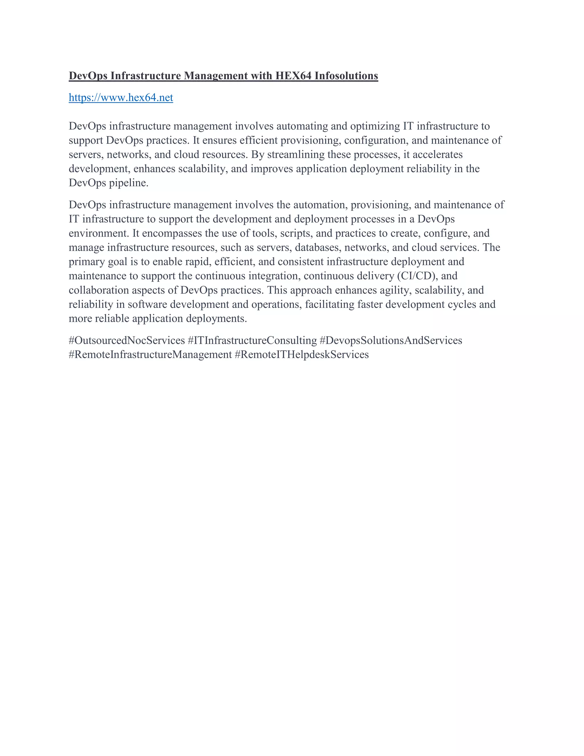 DevOps Infrastructure Management with HEX64 Infosolutions | DOCX | Cloud Computing | Internet