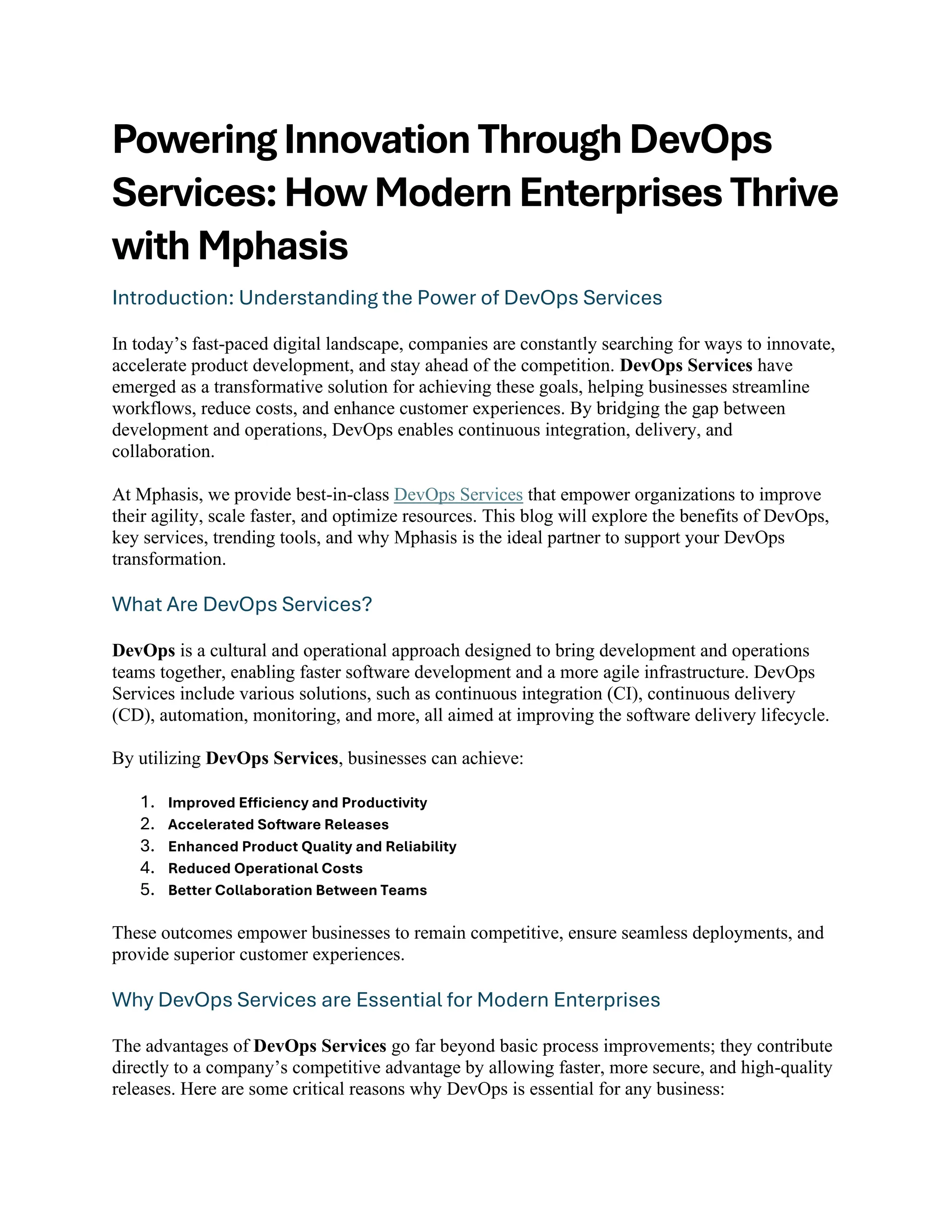 Powering Innovation Through DevOps Services: How Modern Enterprises Thrive with Mphasis | PDF