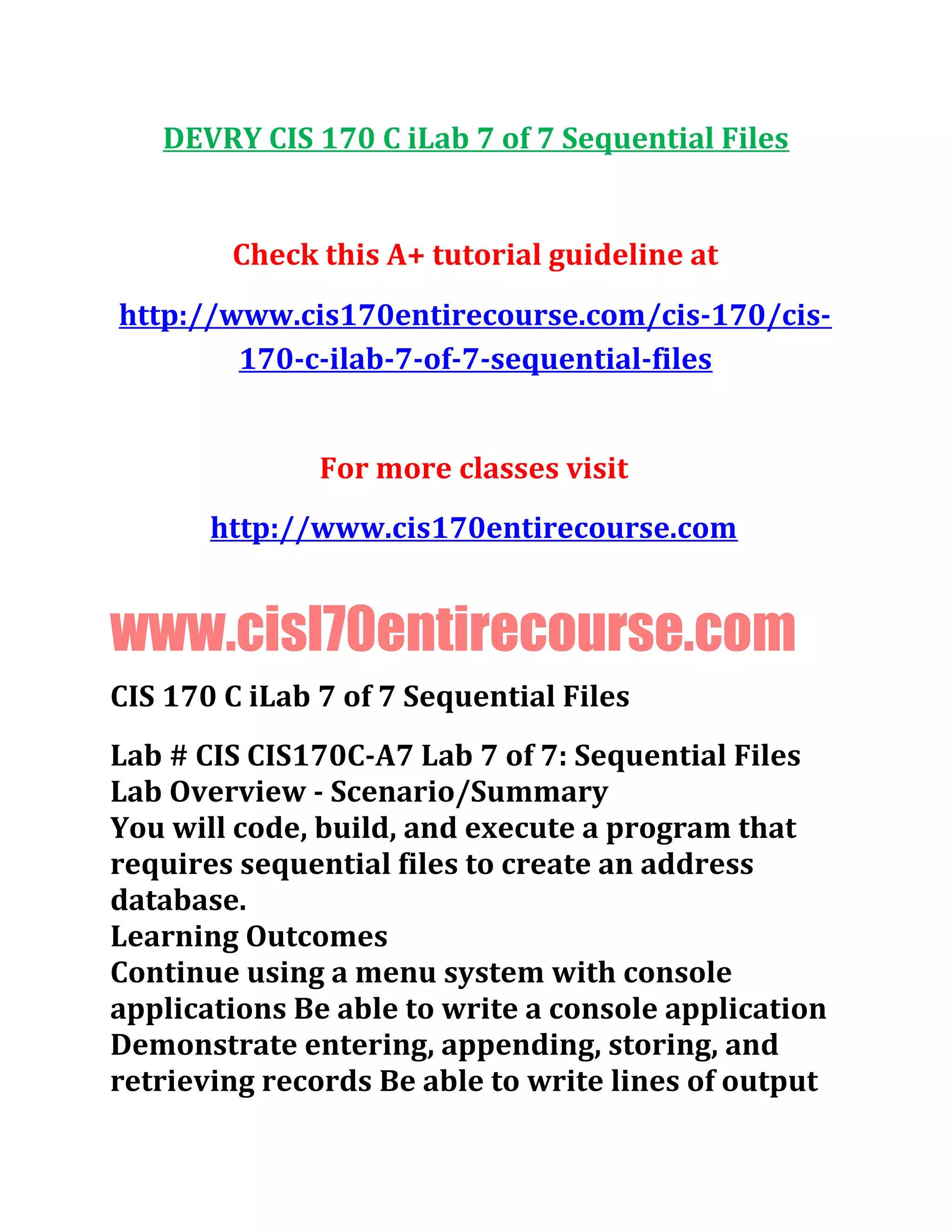 Devry cis-170-c-i lab-7-of-7-sequential-files | PPT | Programming Languages | Computing