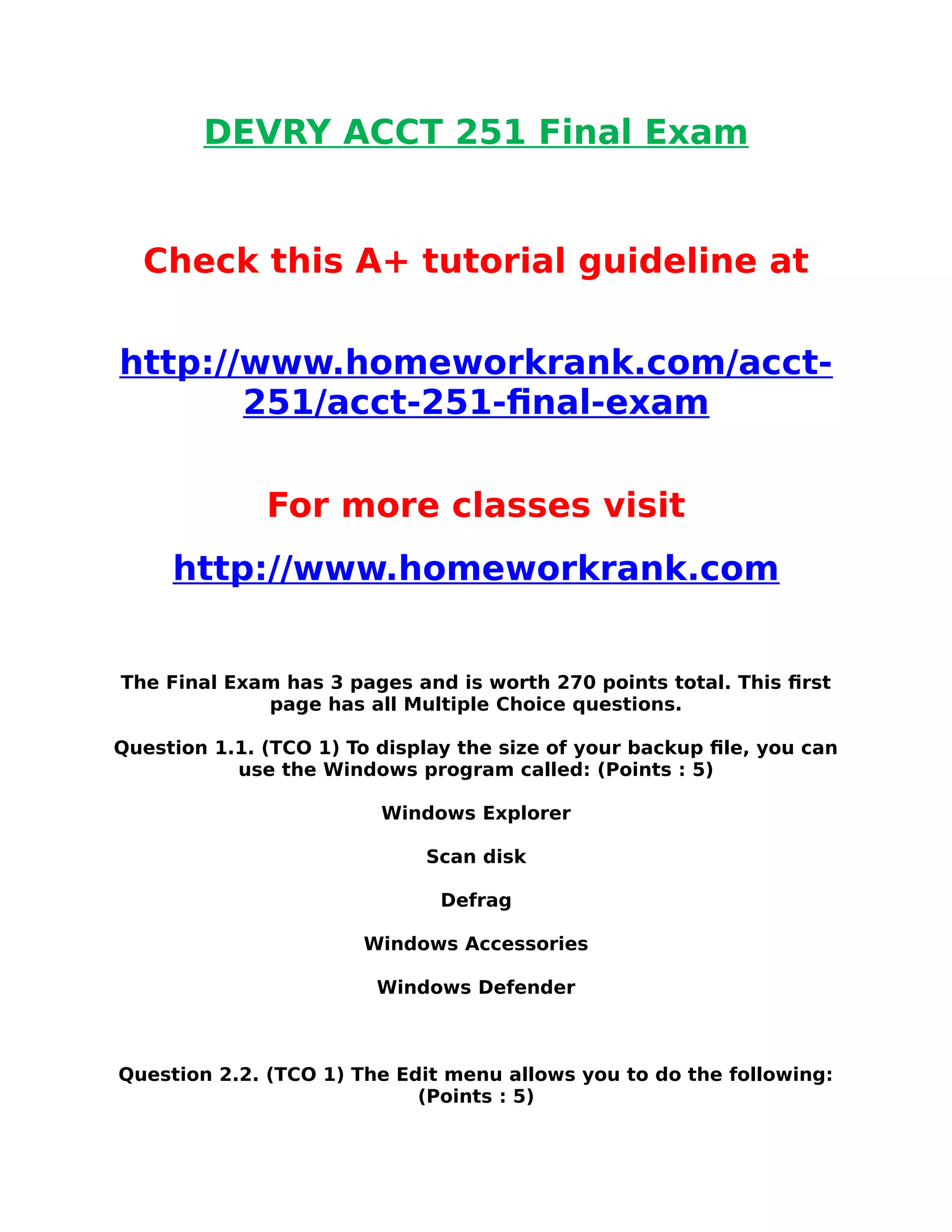 Devry acct 251 final exam | PDF