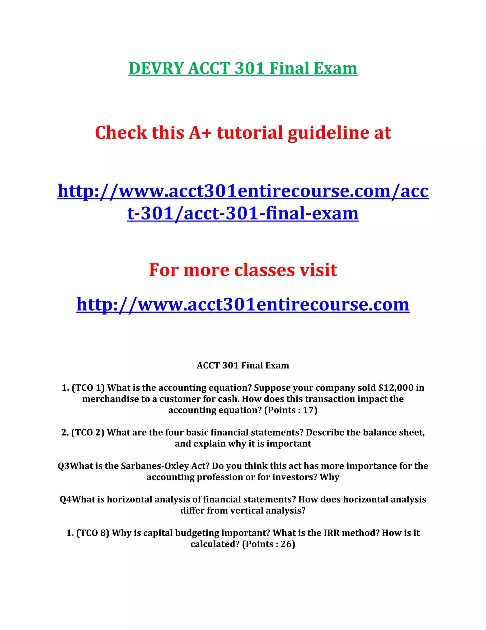 Devry acct 301 final exam | DOC