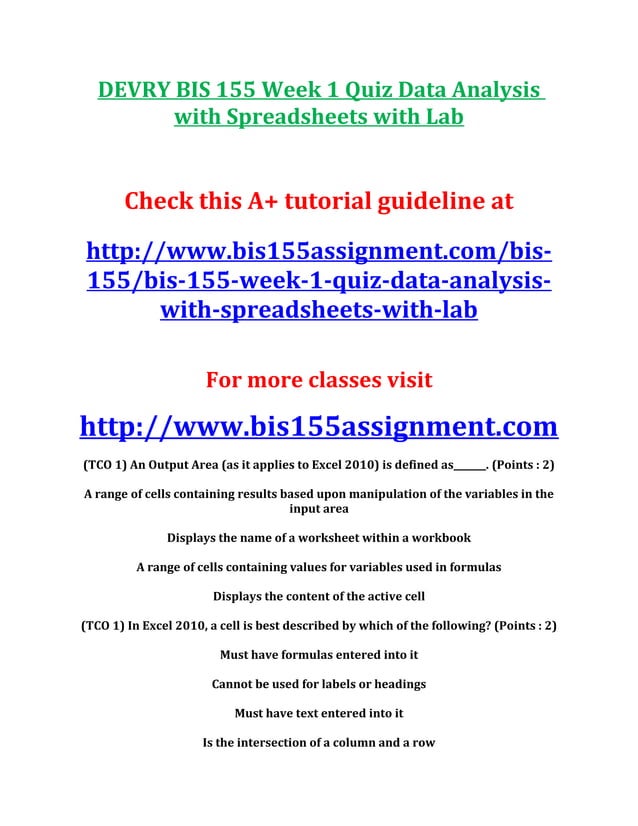 Devry bis 155 week 1 quiz data analysis with spreadsheets with lab | PDF