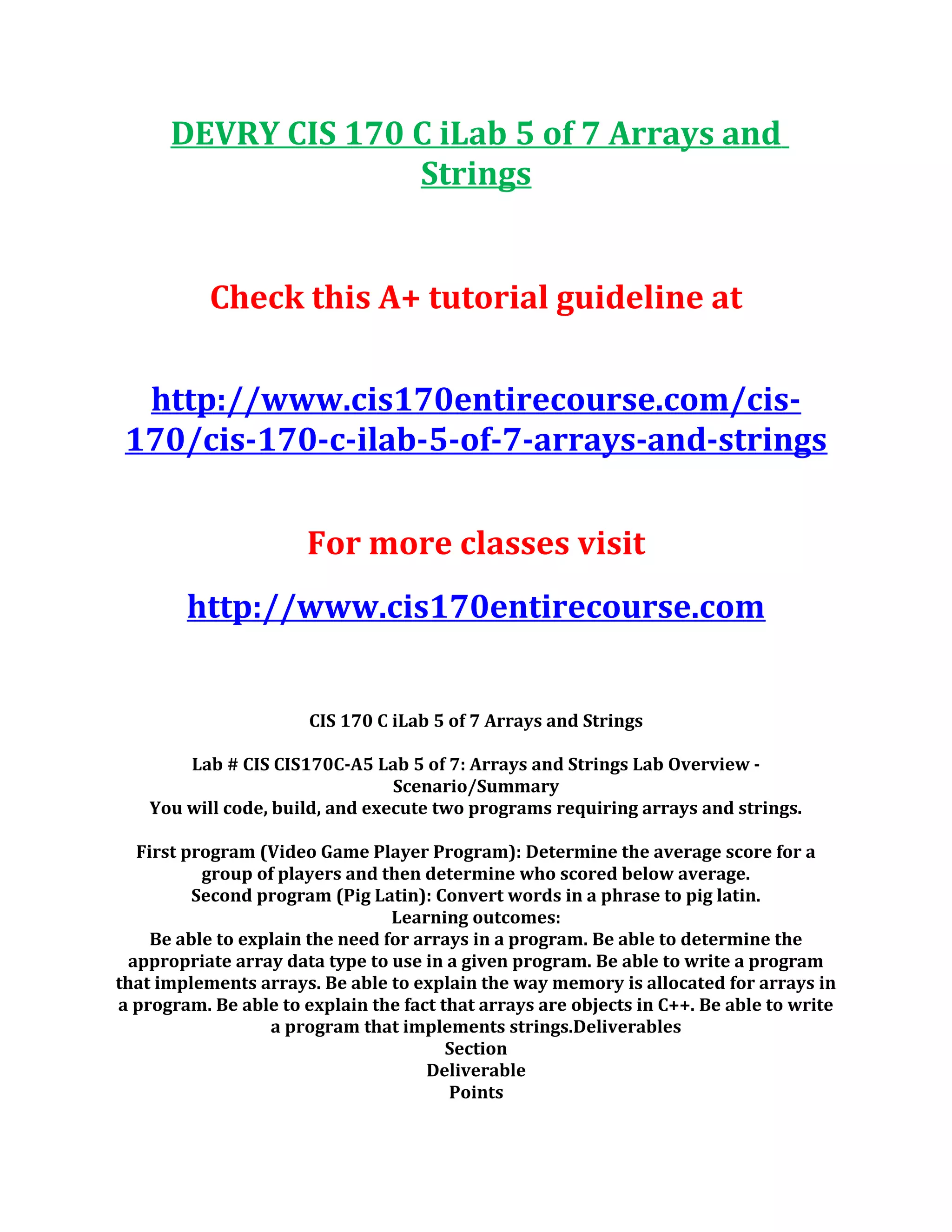 Devry cis 170 c i lab 5 of 7 arrays and strings | PDF