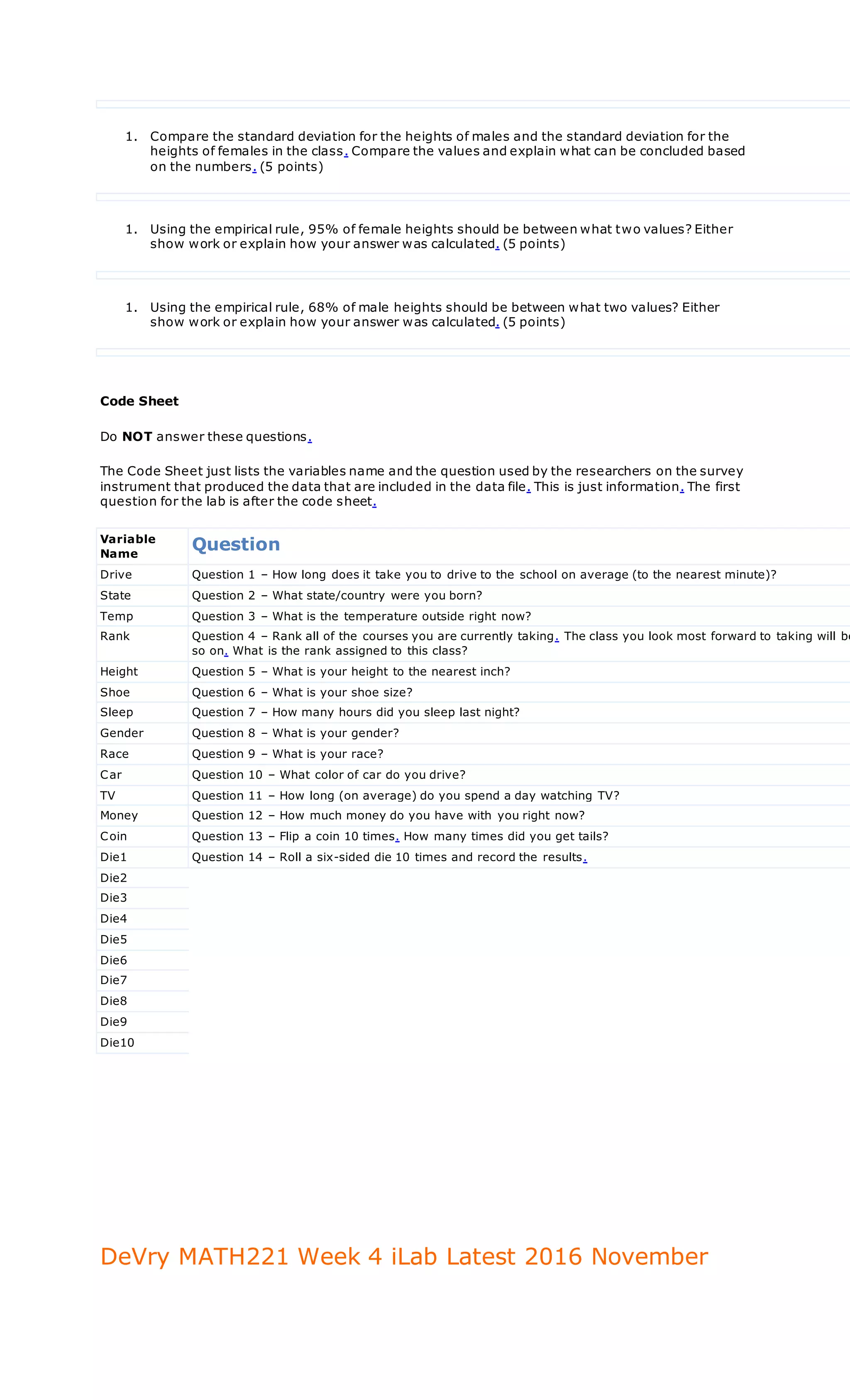 De vry math221 all ilabs latest 2016 november | DOCX