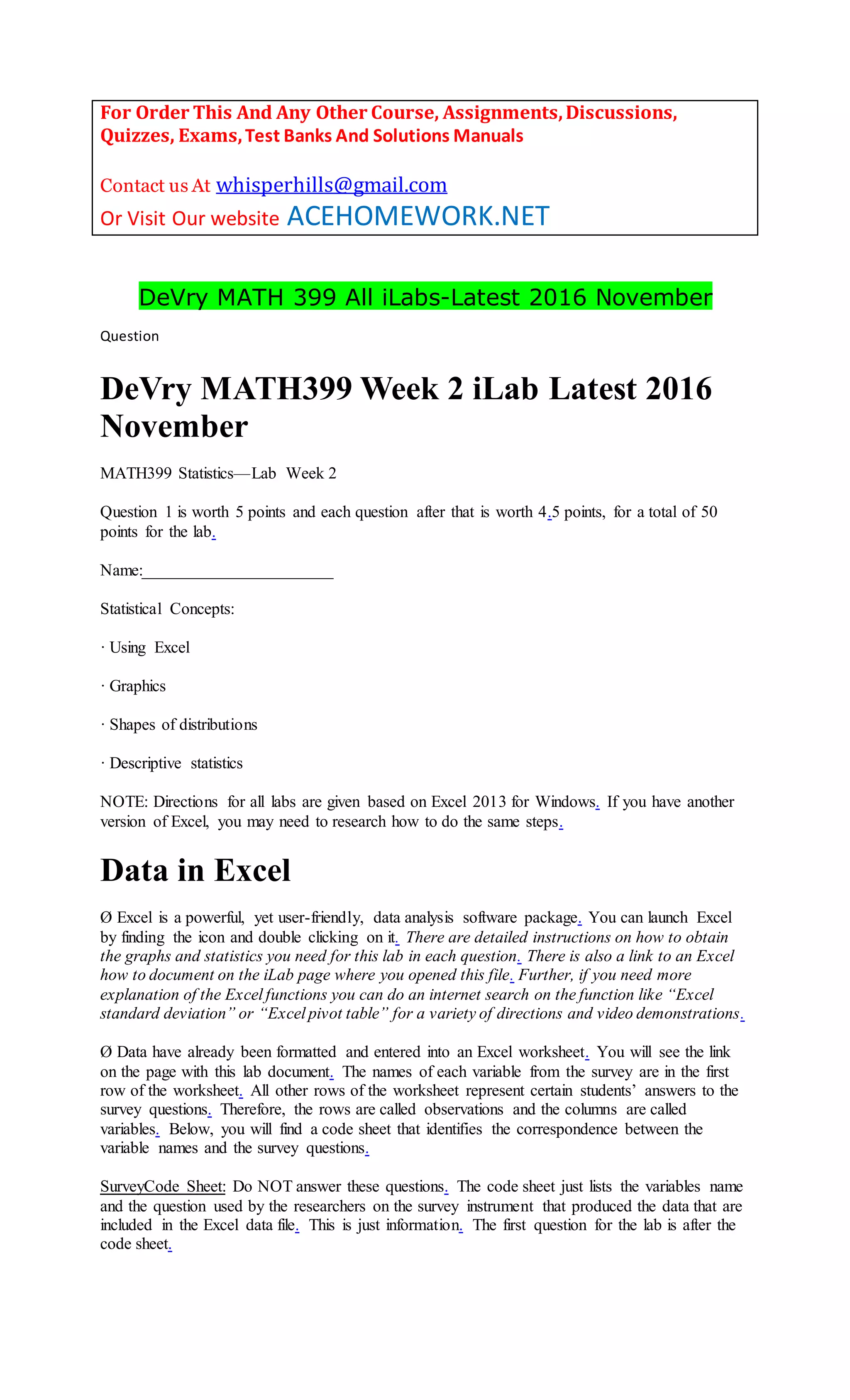 De vry math 399 all ilabs latest 2016 november | PDF