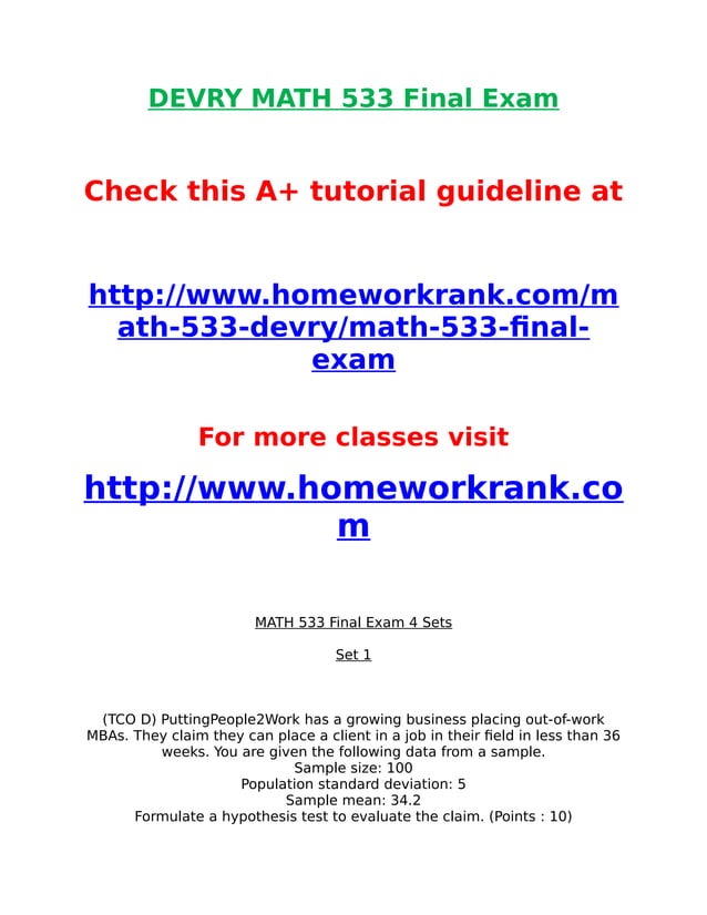 Devry math 533 final exam | PDF | Educational Assessment | Education