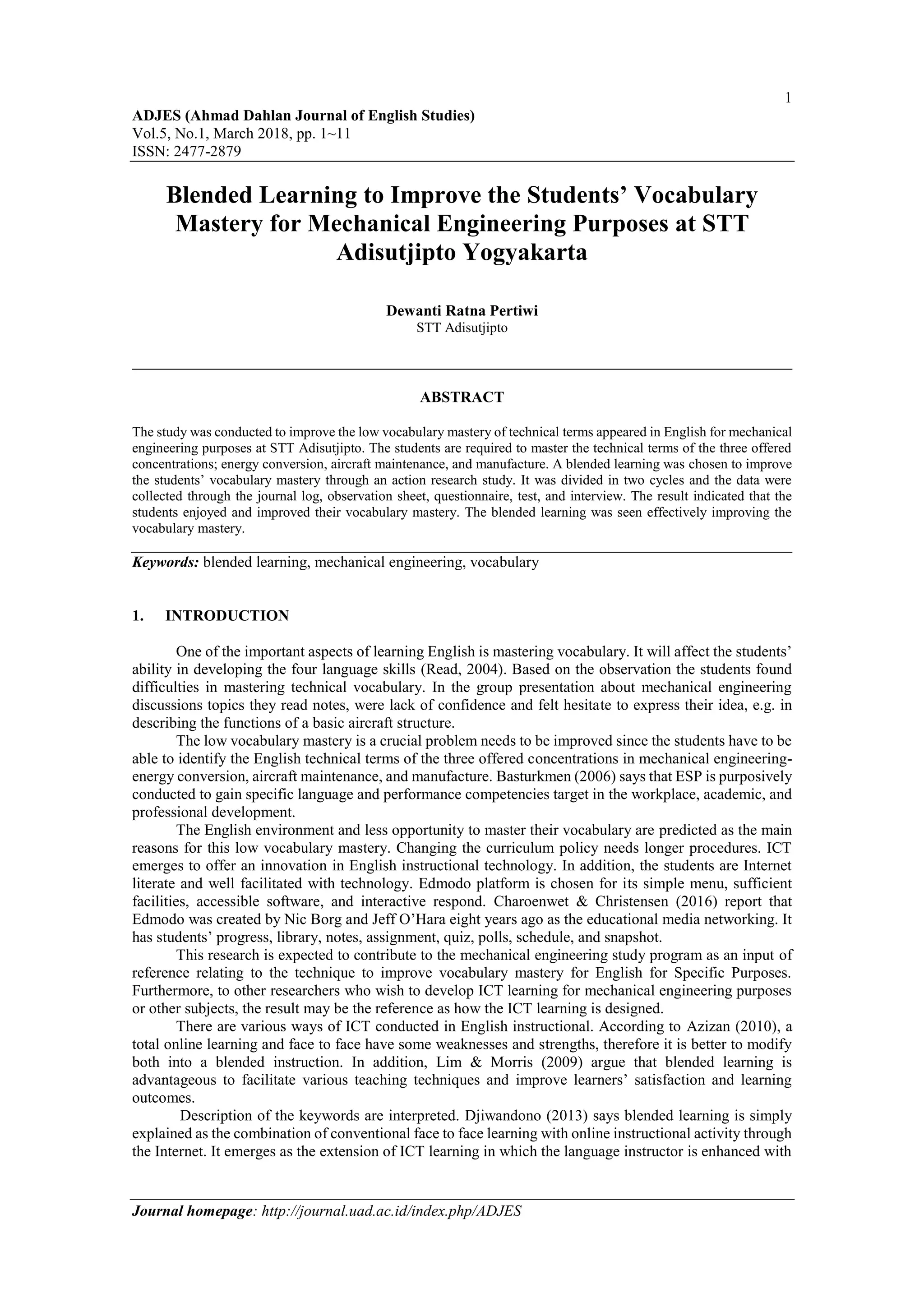 Blended Learning to Improve the Students’ Vocabulary Mastery for ...