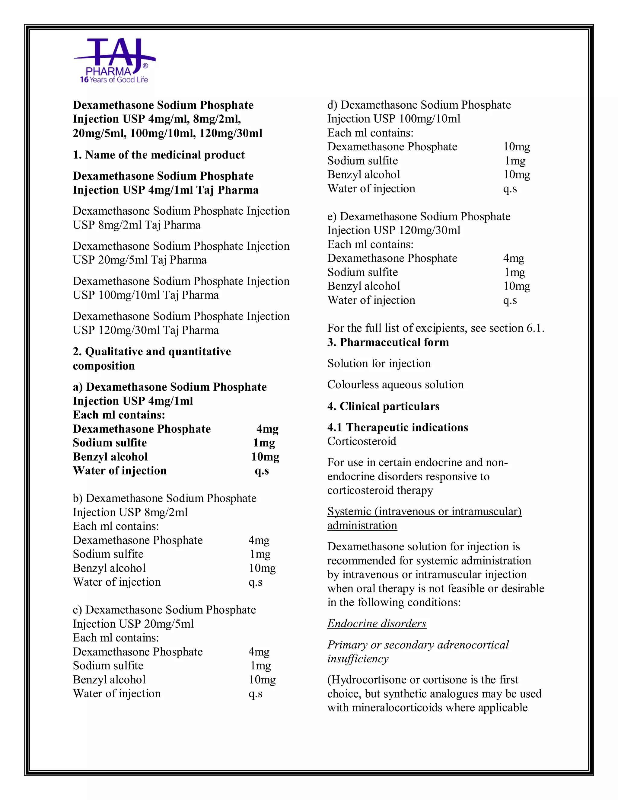 Dexamethasone Sodium Phosphate Injection USP Taj Pharma SmPC | PDF