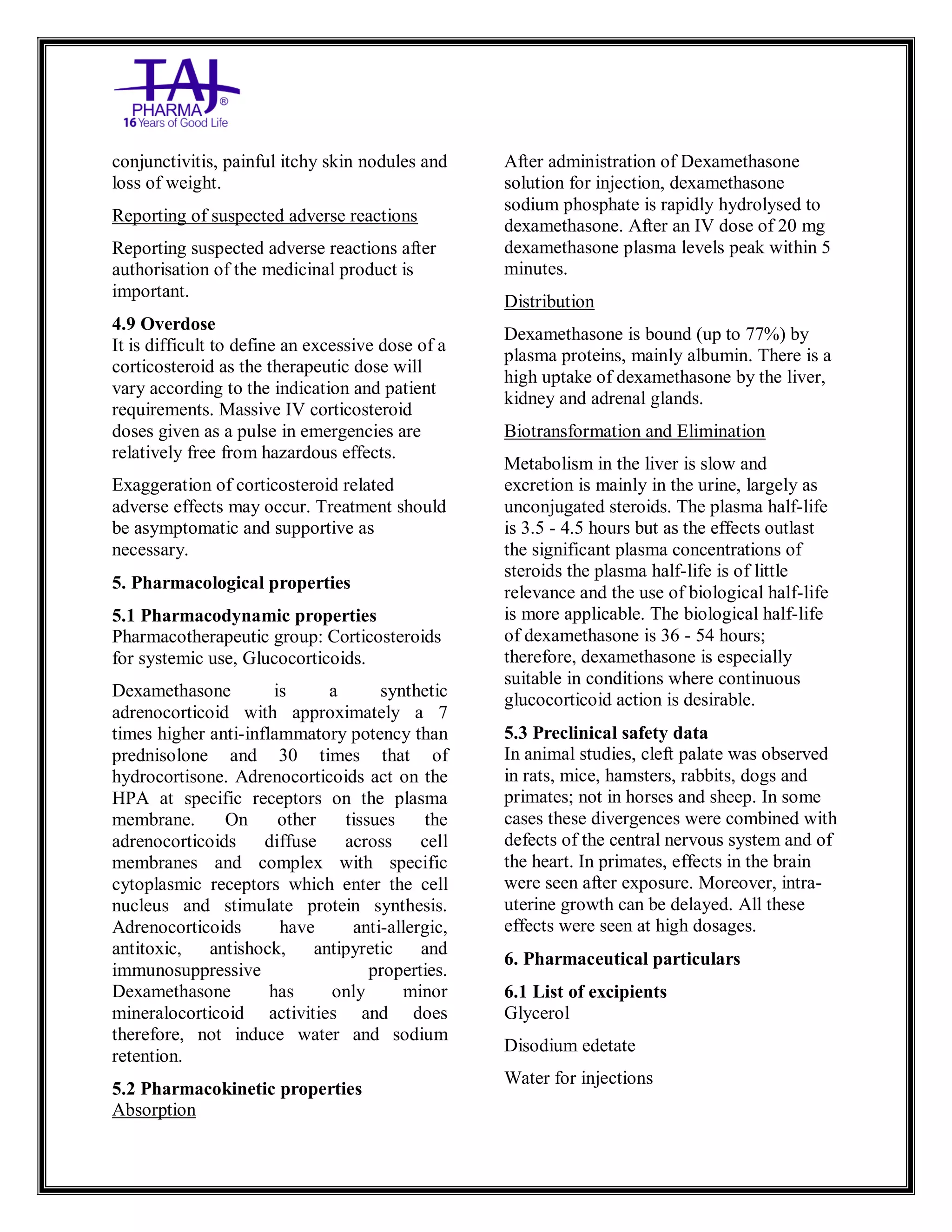 Dexamethasone Sodium Phosphate Injection USP Taj Pharma SmPC | PDF