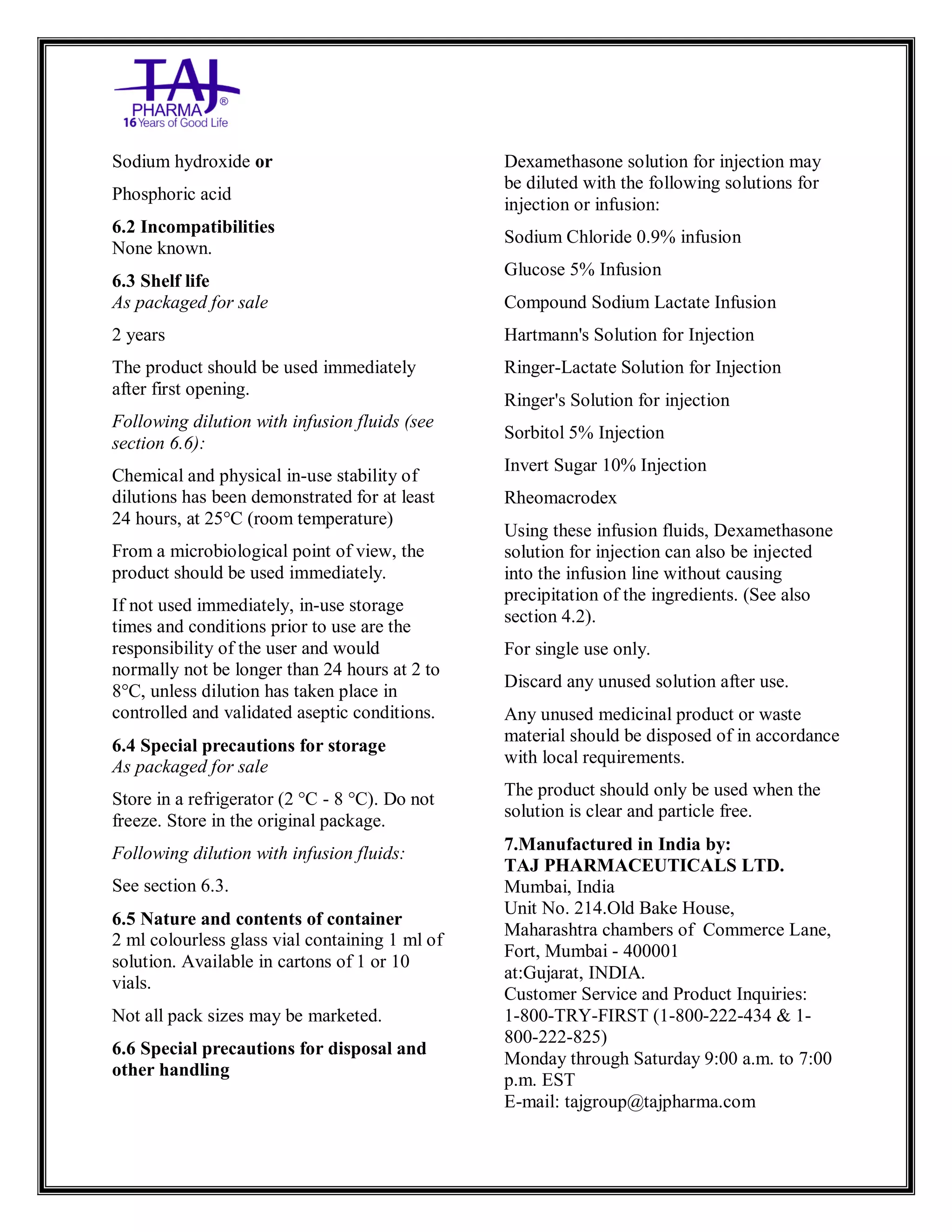Dexamethasone Sodium Phosphate Injection USP Taj Pharma SmPC | PDF