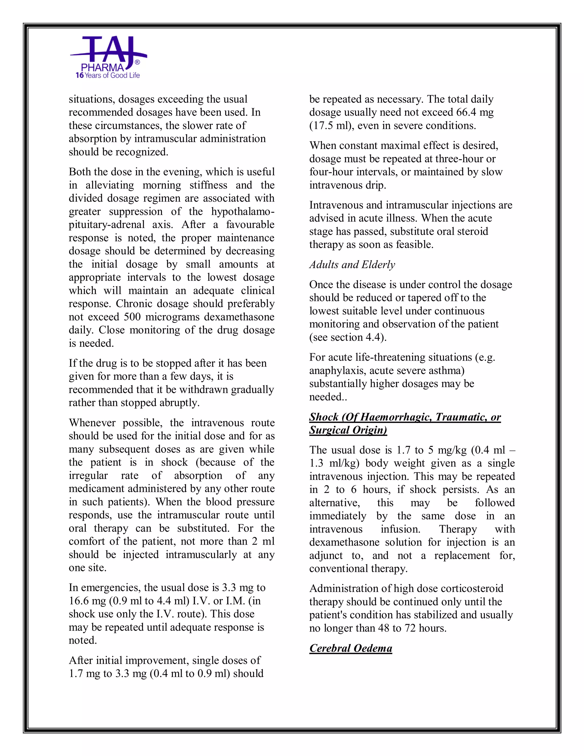 Dexamethasone Sodium Phosphate Injection USP Taj Pharma SmPC | PDF