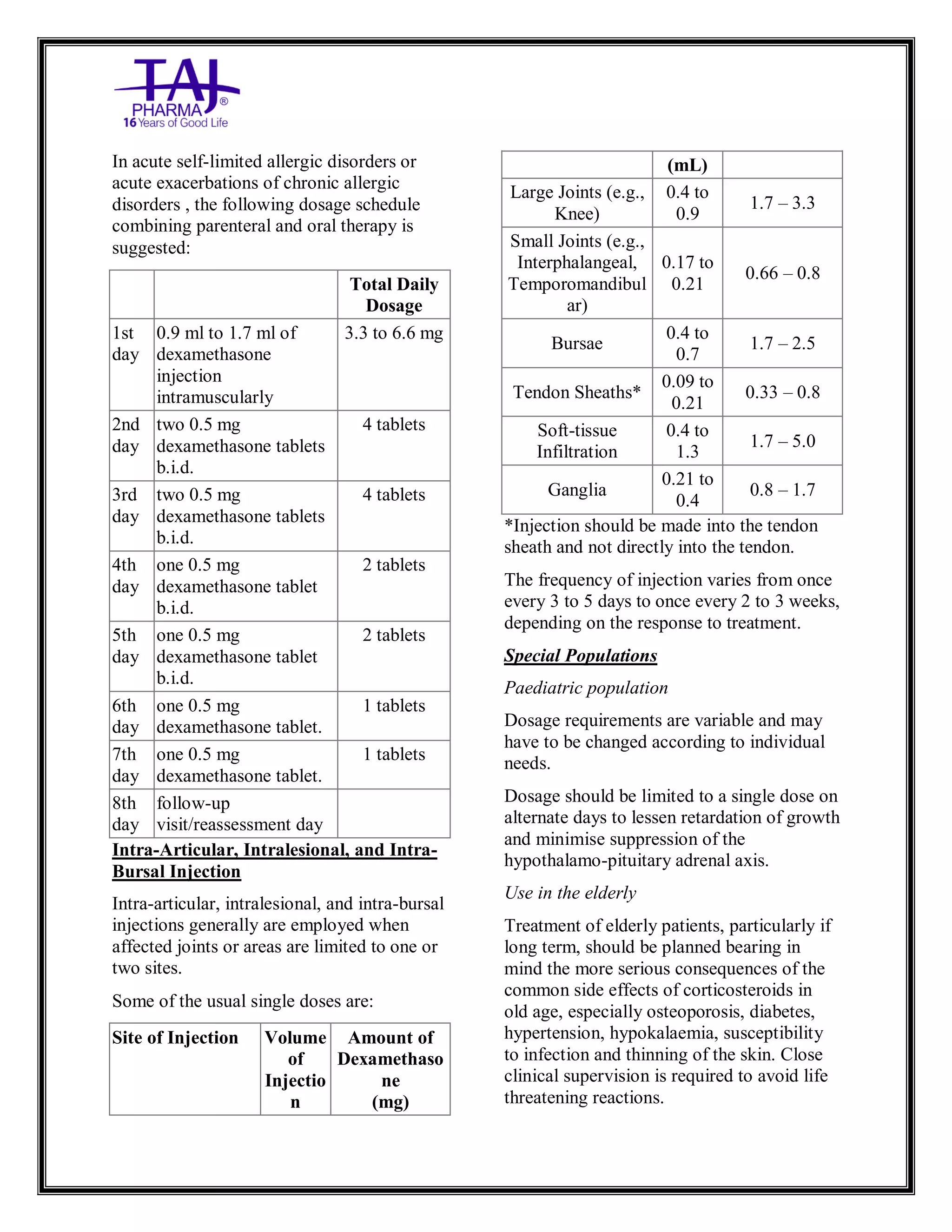 Dexamethasone Sodium Phosphate Injection USP Taj Pharma SmPC | PDF
