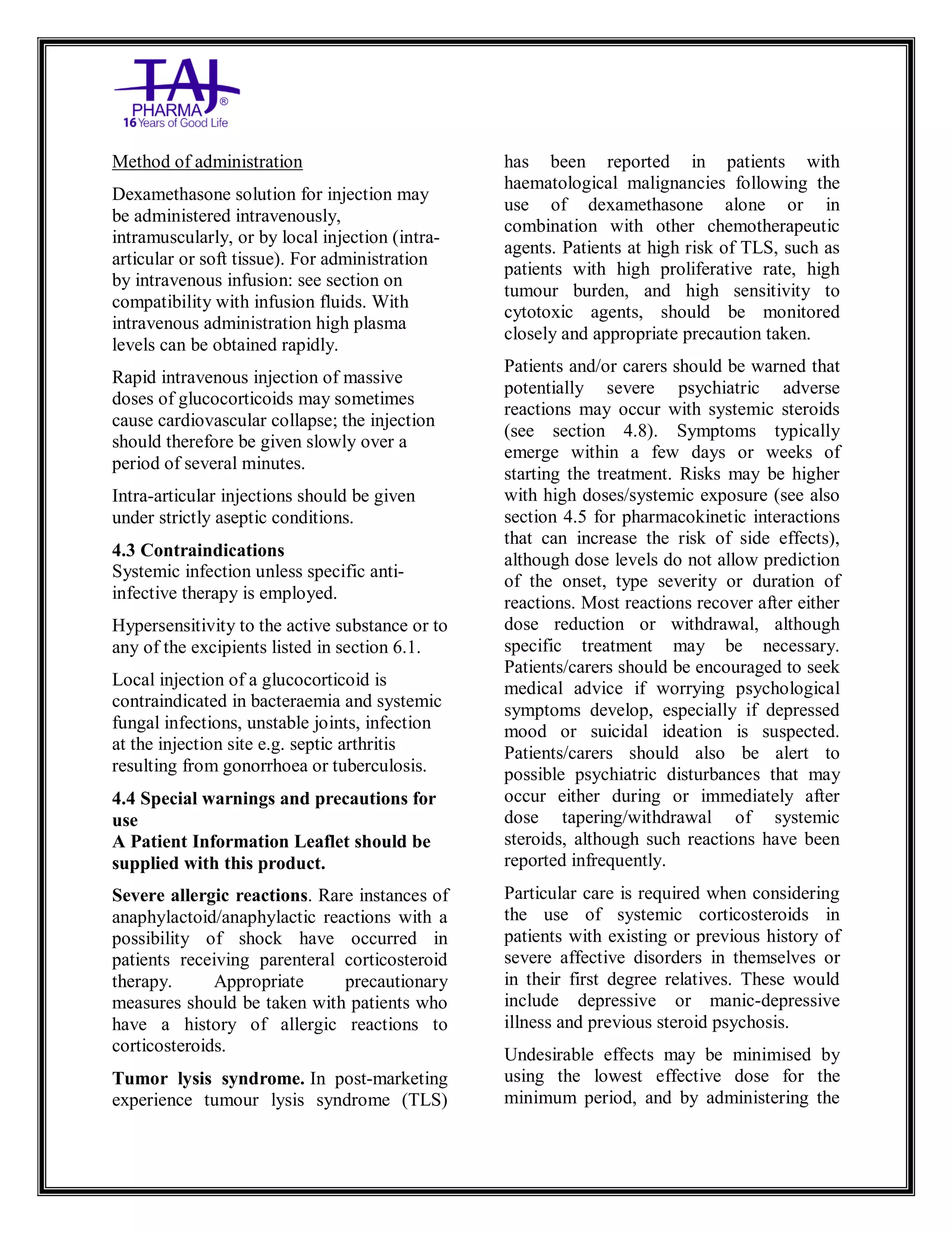 Dexamethasone Sodium Phosphate Injection USP Taj Pharma SmPC | PDF