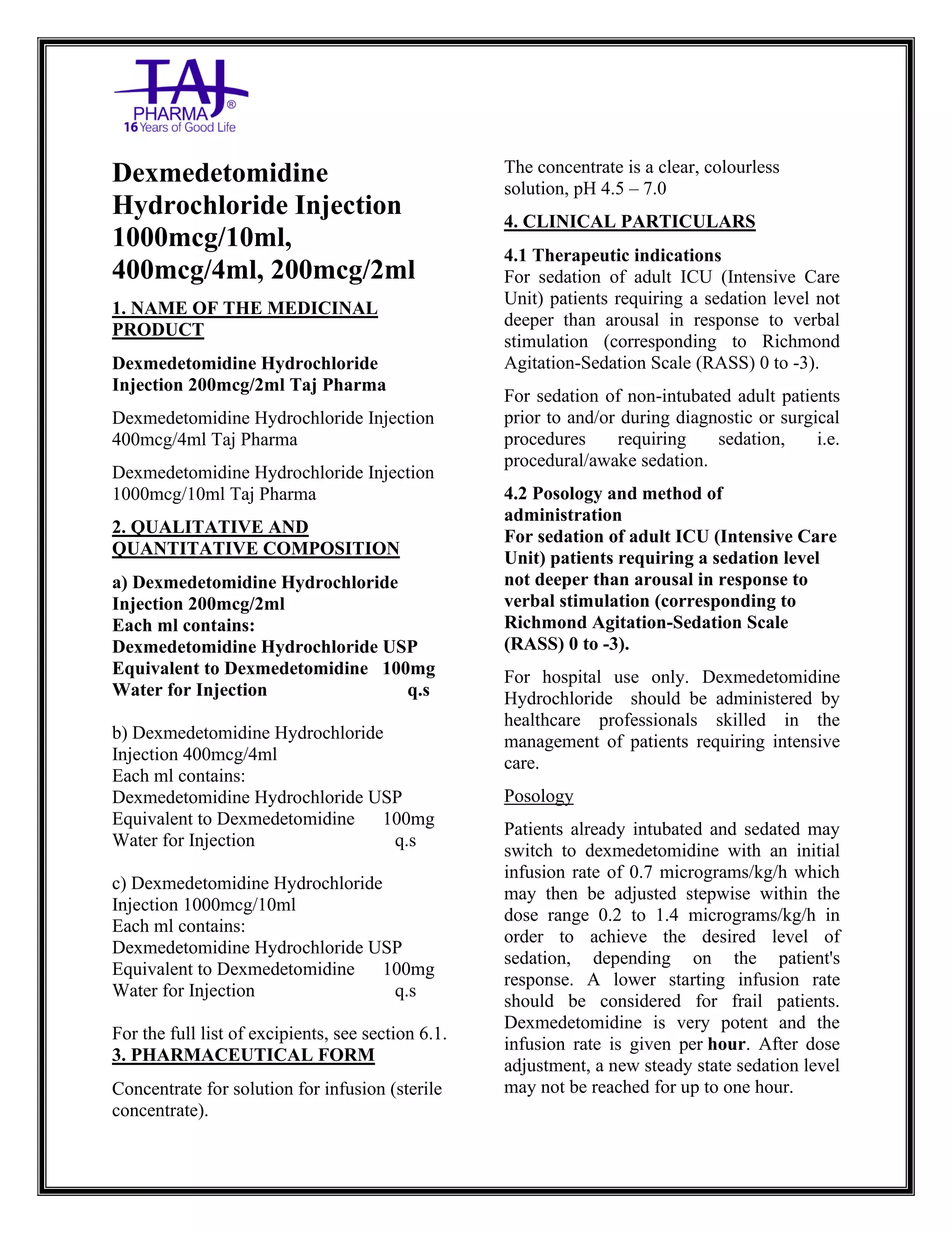 Dexmedetomidine HCl Injection Taj Pharma SmPC | PDF