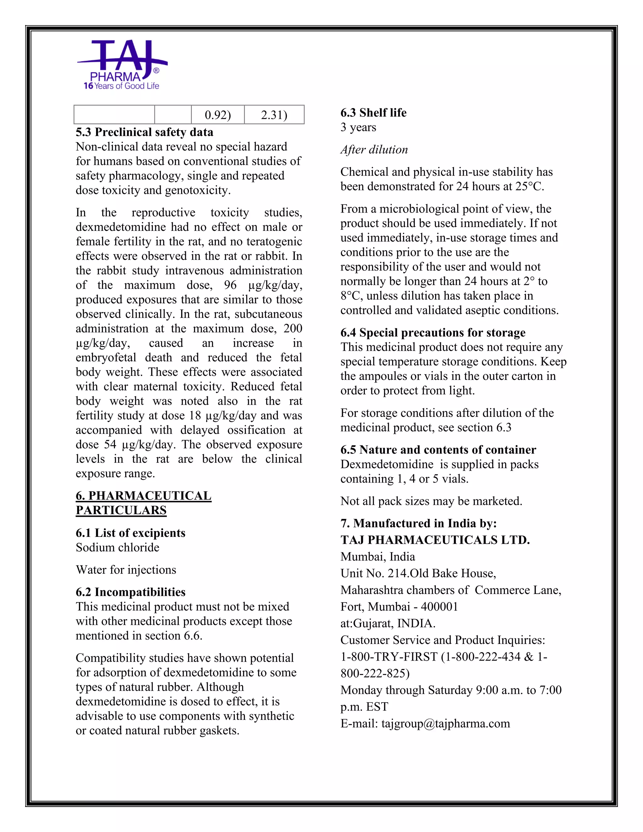 Dexmedetomidine HCl Injection Taj Pharma SmPC | PDF