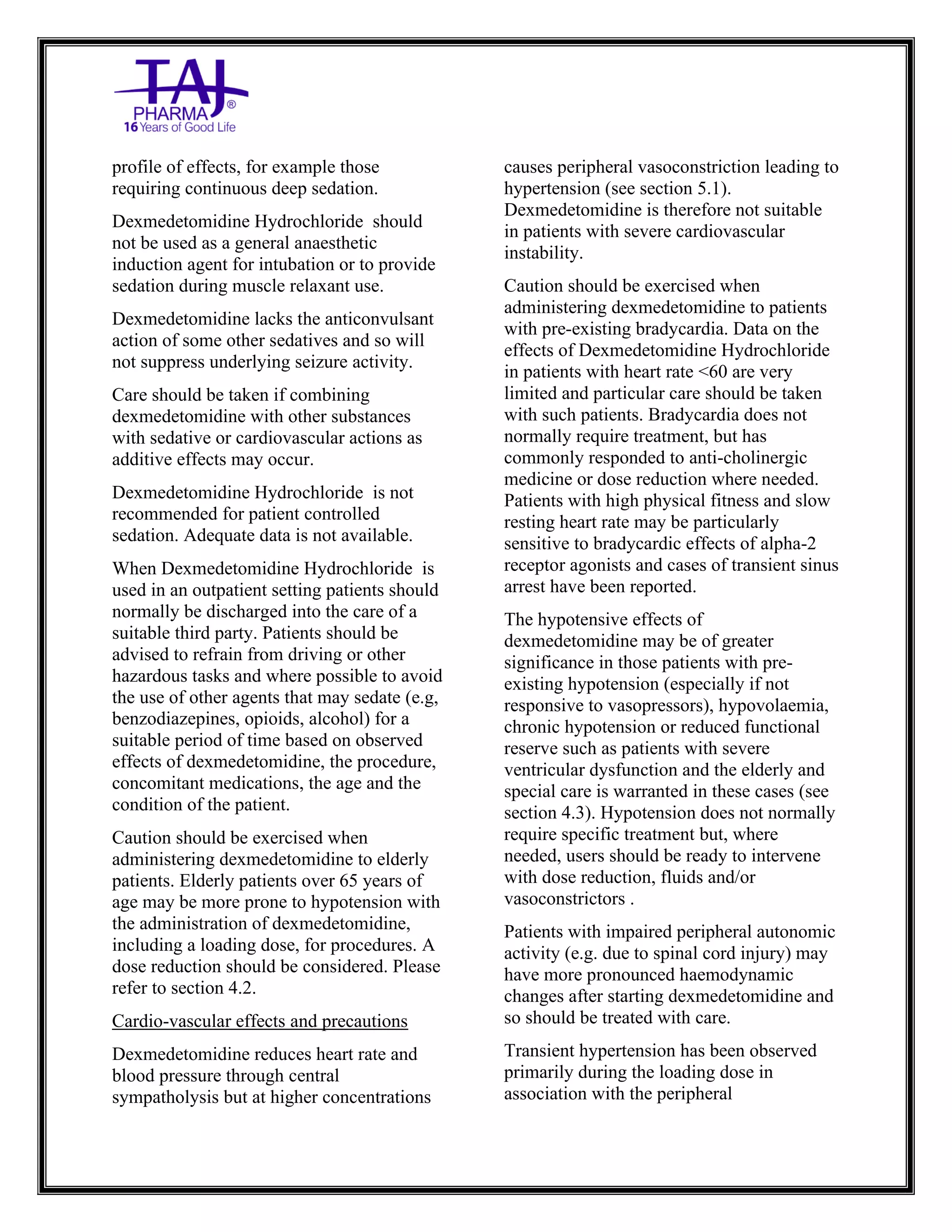 Dexmedetomidine HCl Injection Taj Pharma SmPC | PDF