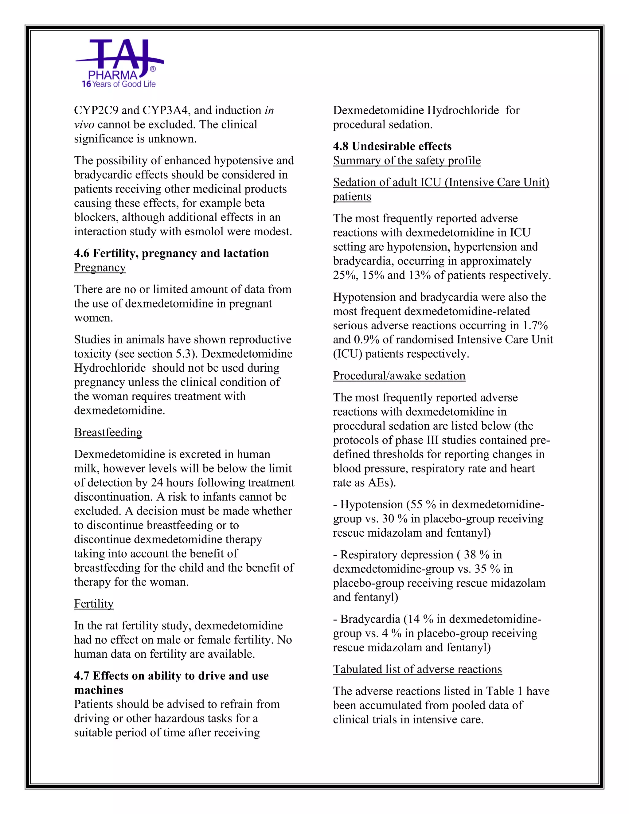 Dexmedetomidine HCl Injection Taj Pharma SmPC | PDF