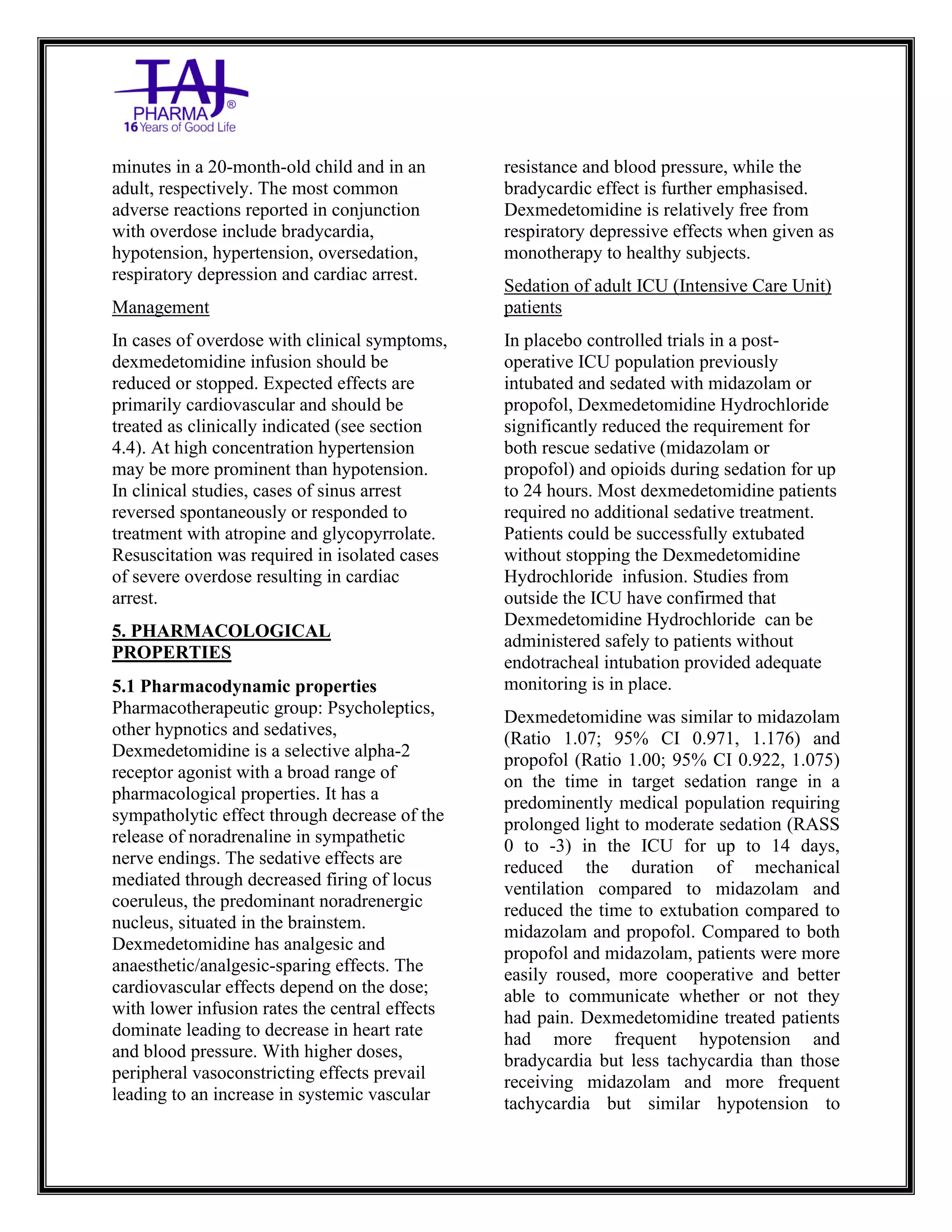 Dexmedetomidine HCl Injection Taj Pharma SmPC | PDF