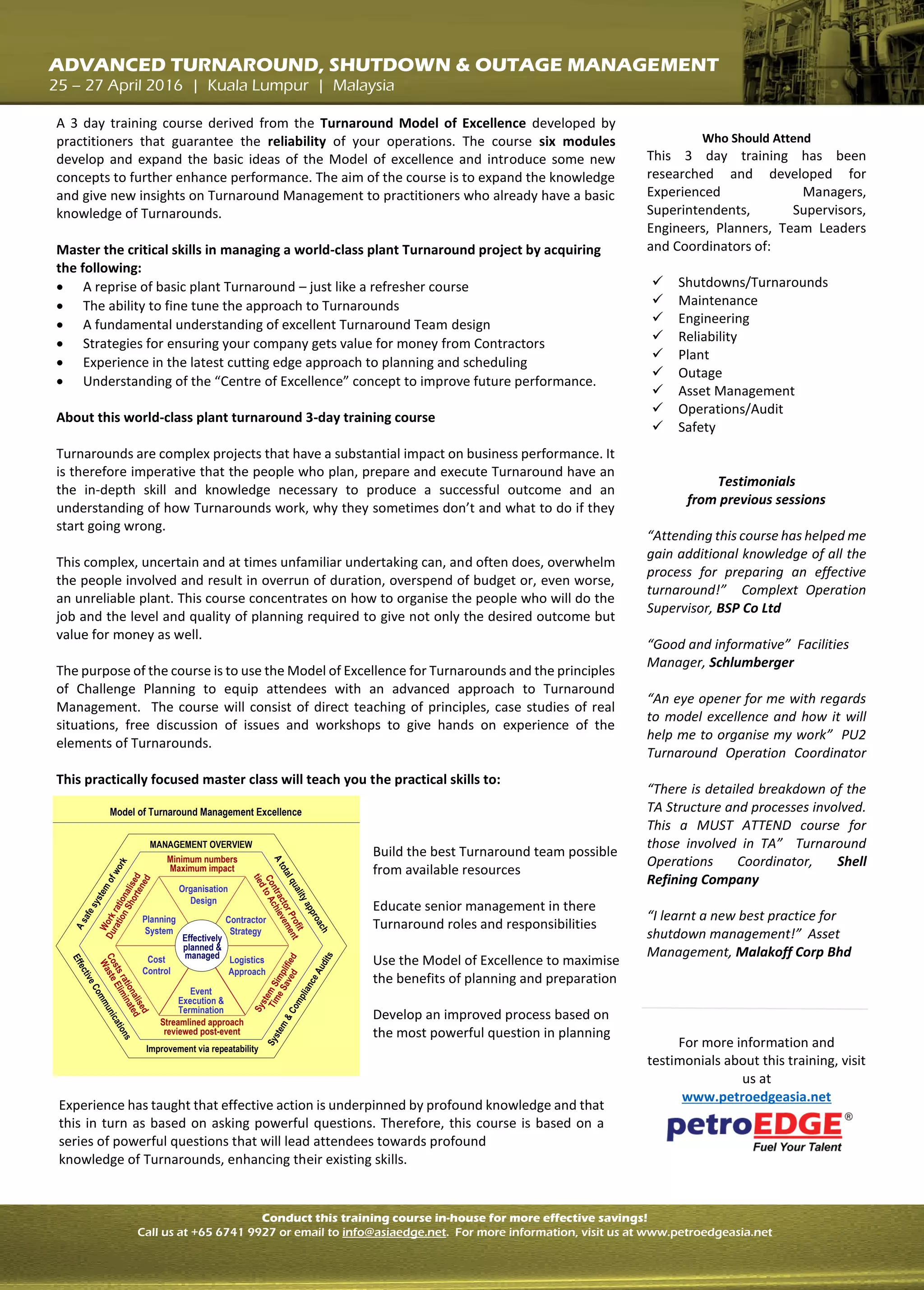 PD220 Advanced Turnaround, Shutdown and Outage Management | PDF